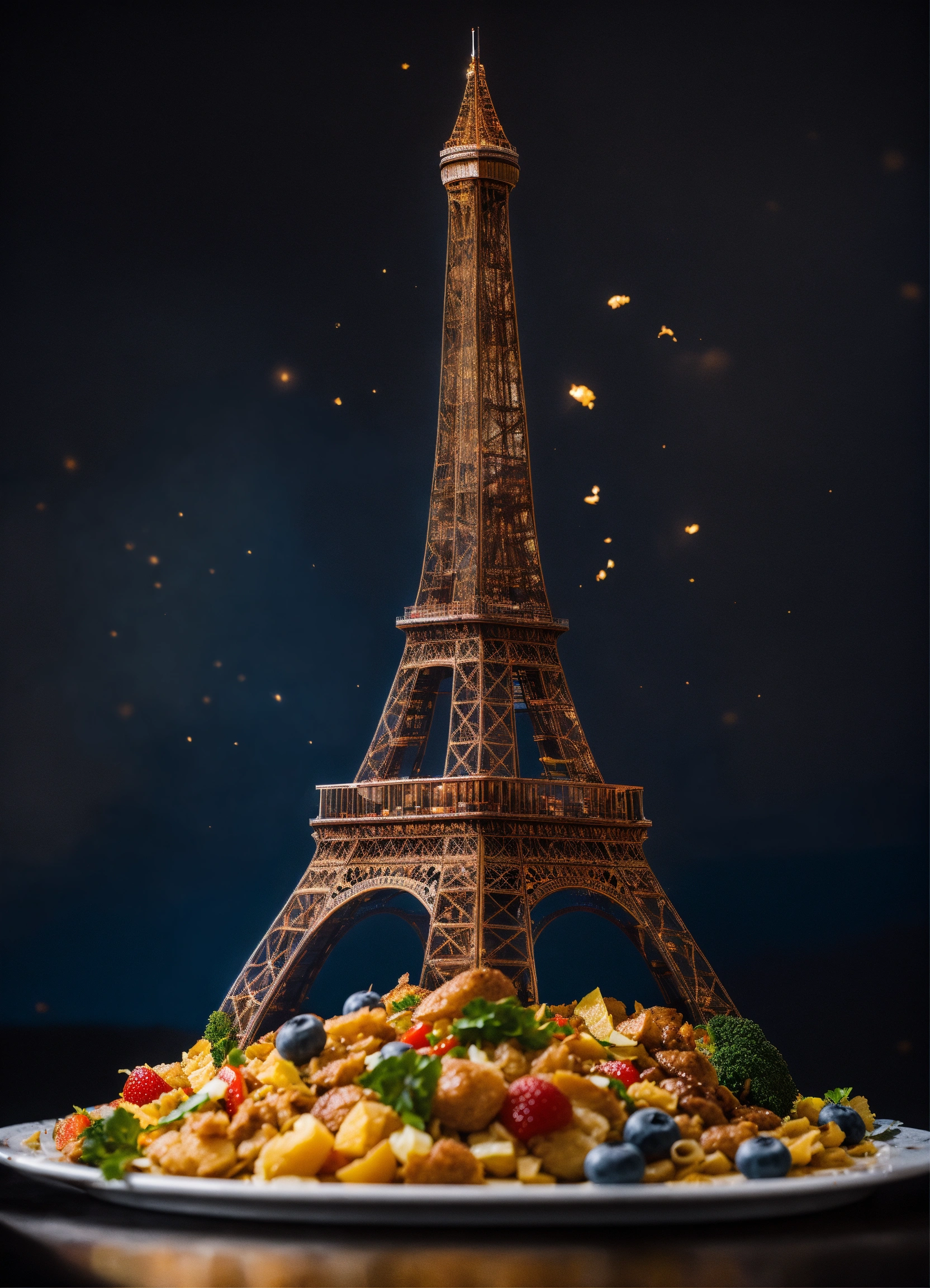 Lexica - The effeil tower in food packaging, epic shot, dark background
