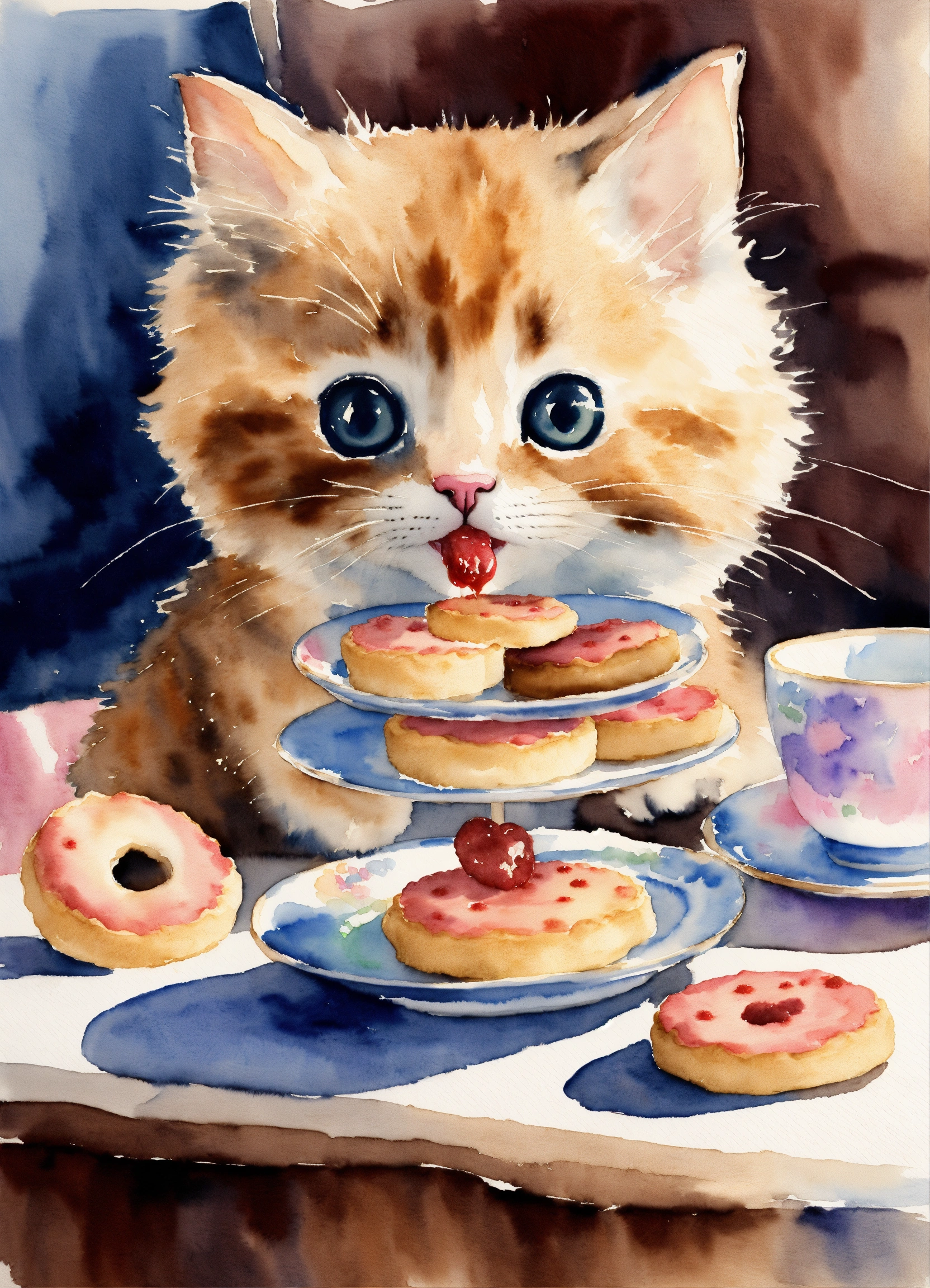 Lexica - Happy cat eating jammy dodger at a tea party , watercolor