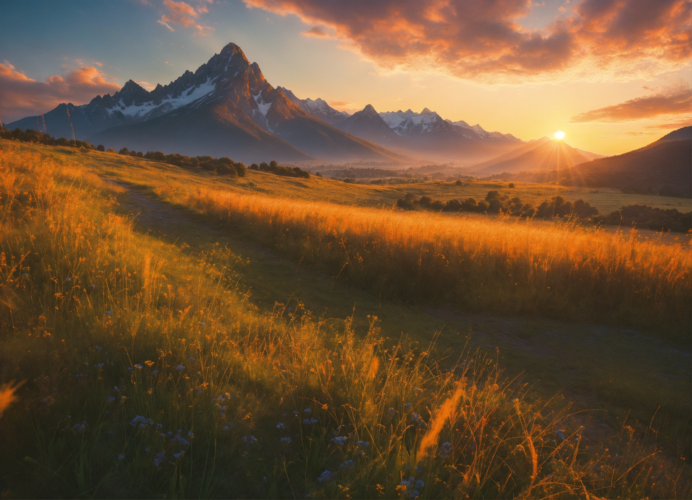 Lexica - View from the ground of a grassy landscape at sunset, light ...