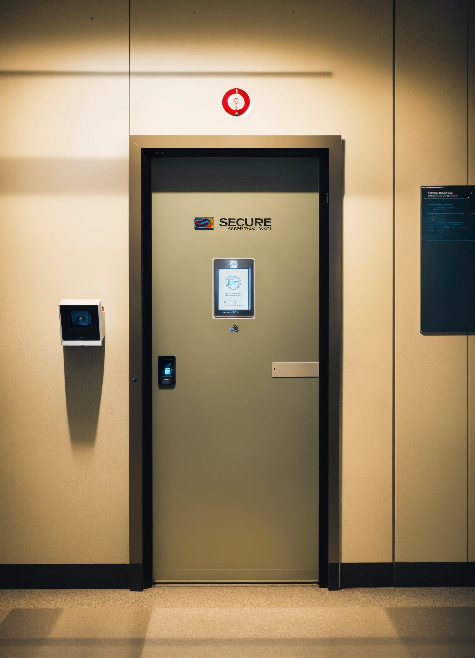 Lexica - A secure door in the middle of a well-lit corridor, viewed head-on. The wall ...