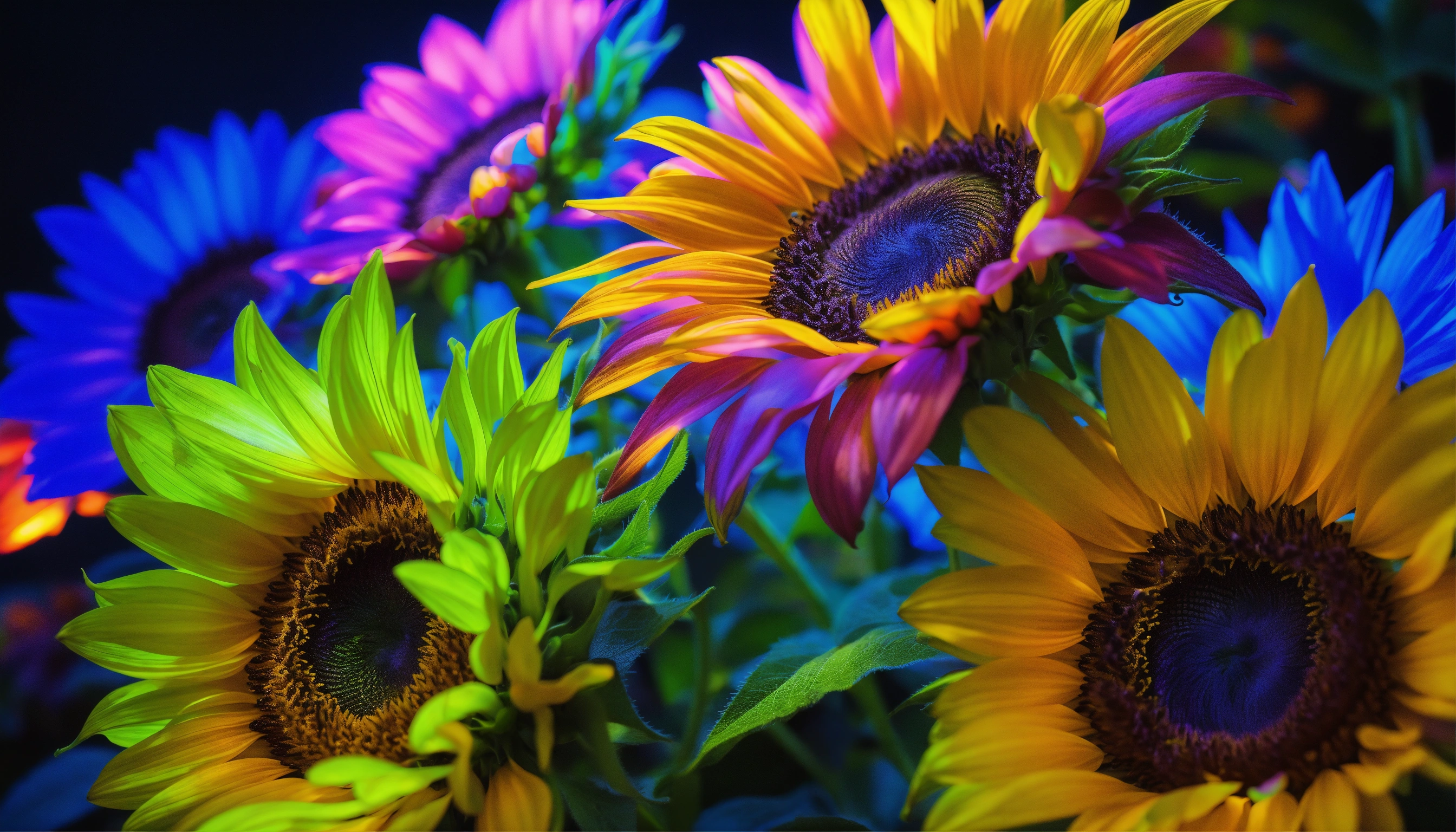 Lexica - Multi colored neon sunflowers, glowing, bright, Bioluminescent