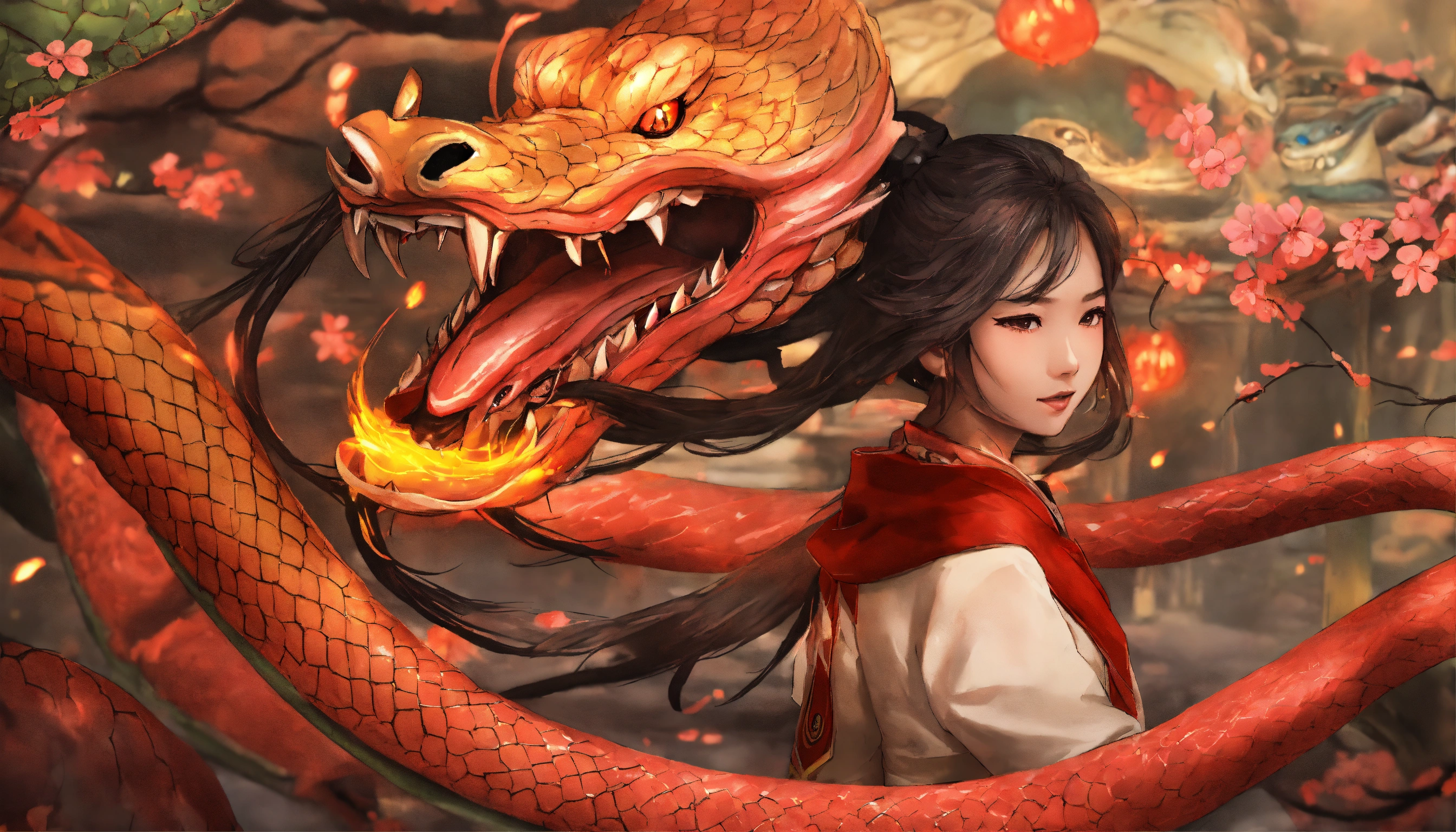 Lexica - Girl Asia fantasy Japan dynamics fights the demon snakes hand drawn style 8к