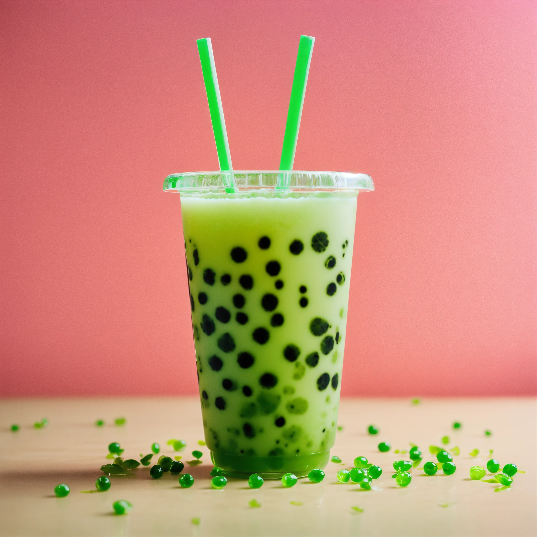 Lexica - Floating green boba tea. A lot of bobas. Stickers on cup ...