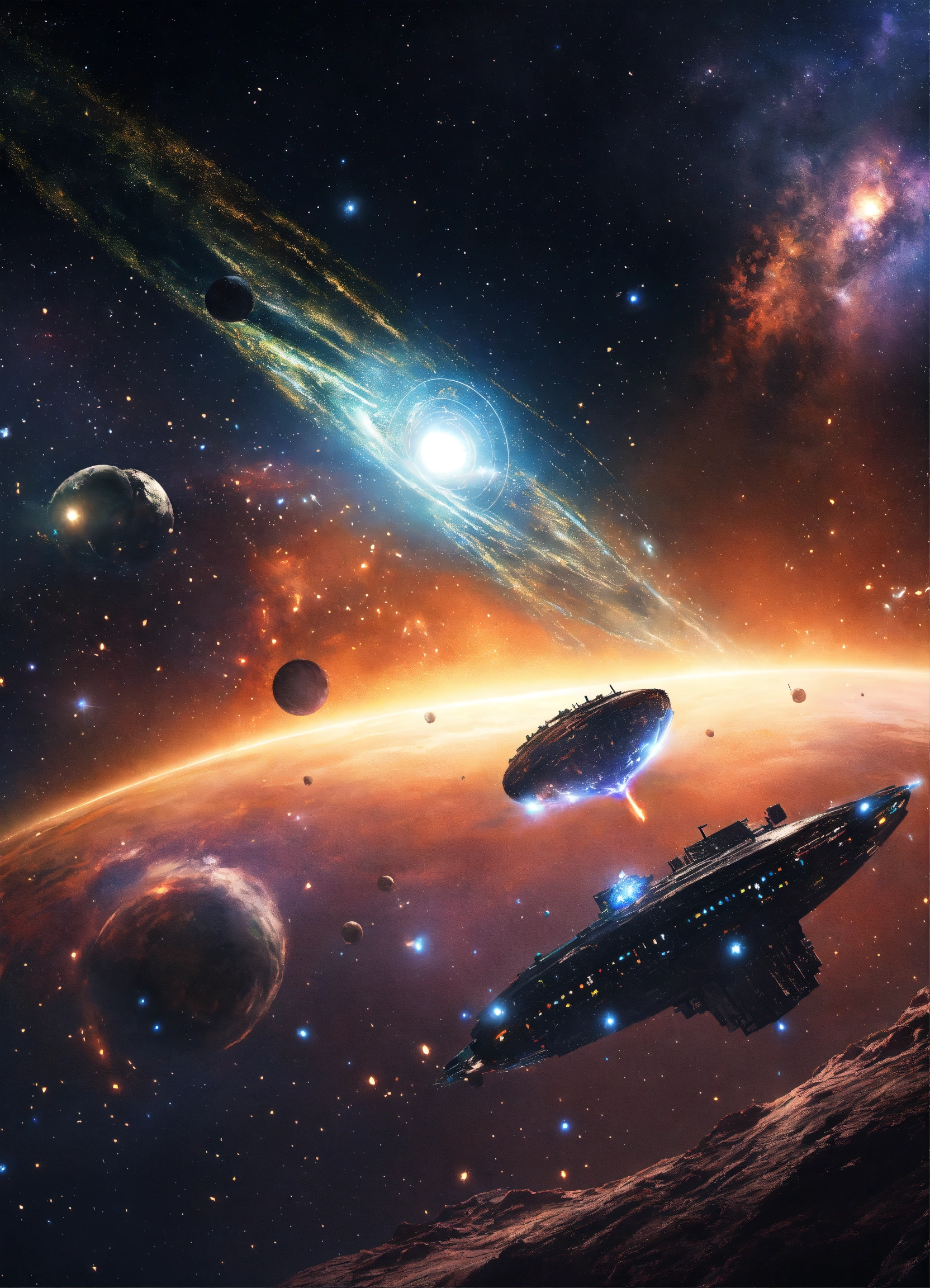 Lexica - A spaceship escaping a galaxy center while a star is exploding, surrounded by ...