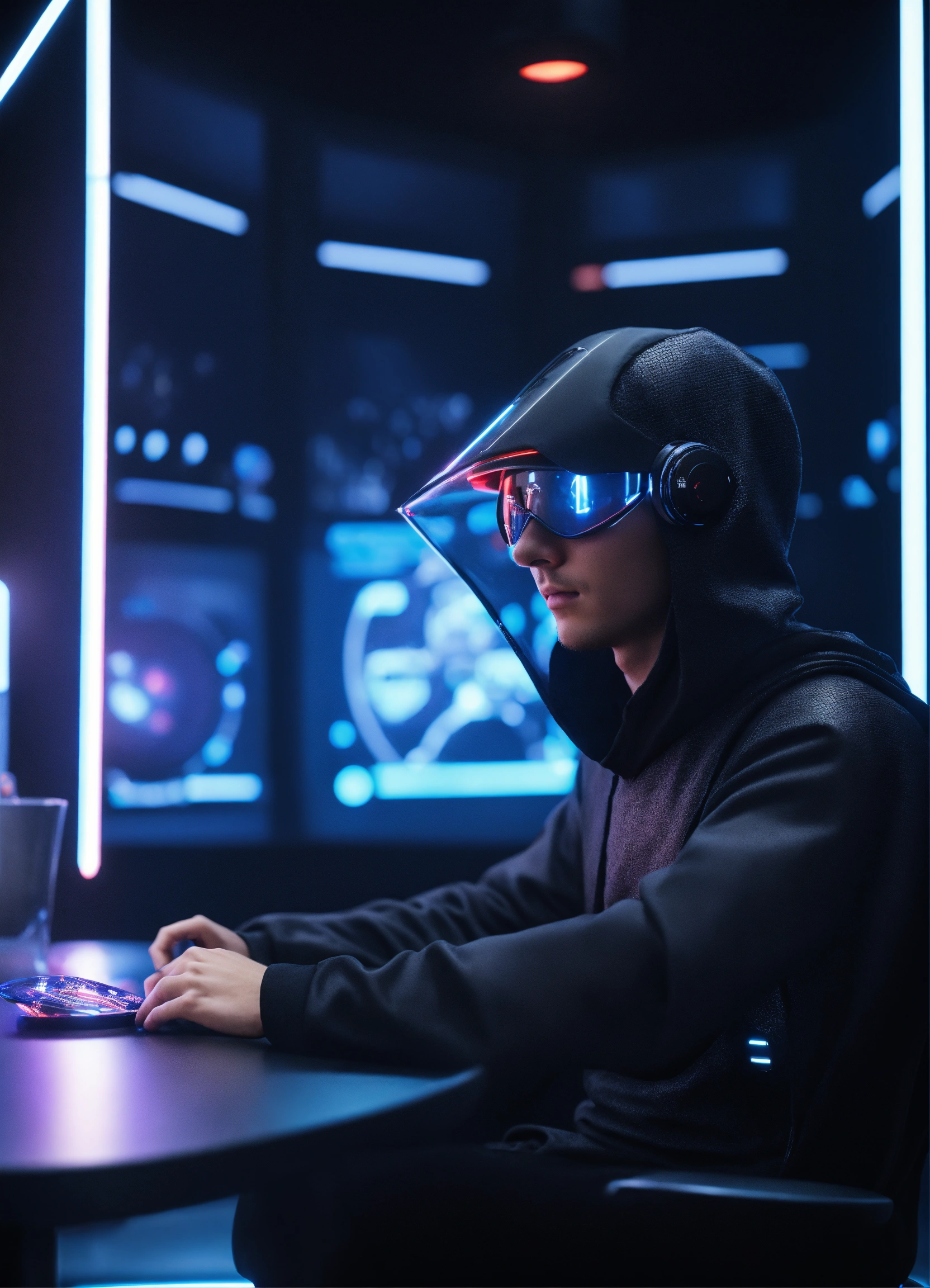 Lexica - Nerdy 25 year old male hacker wearing futuristic black ...