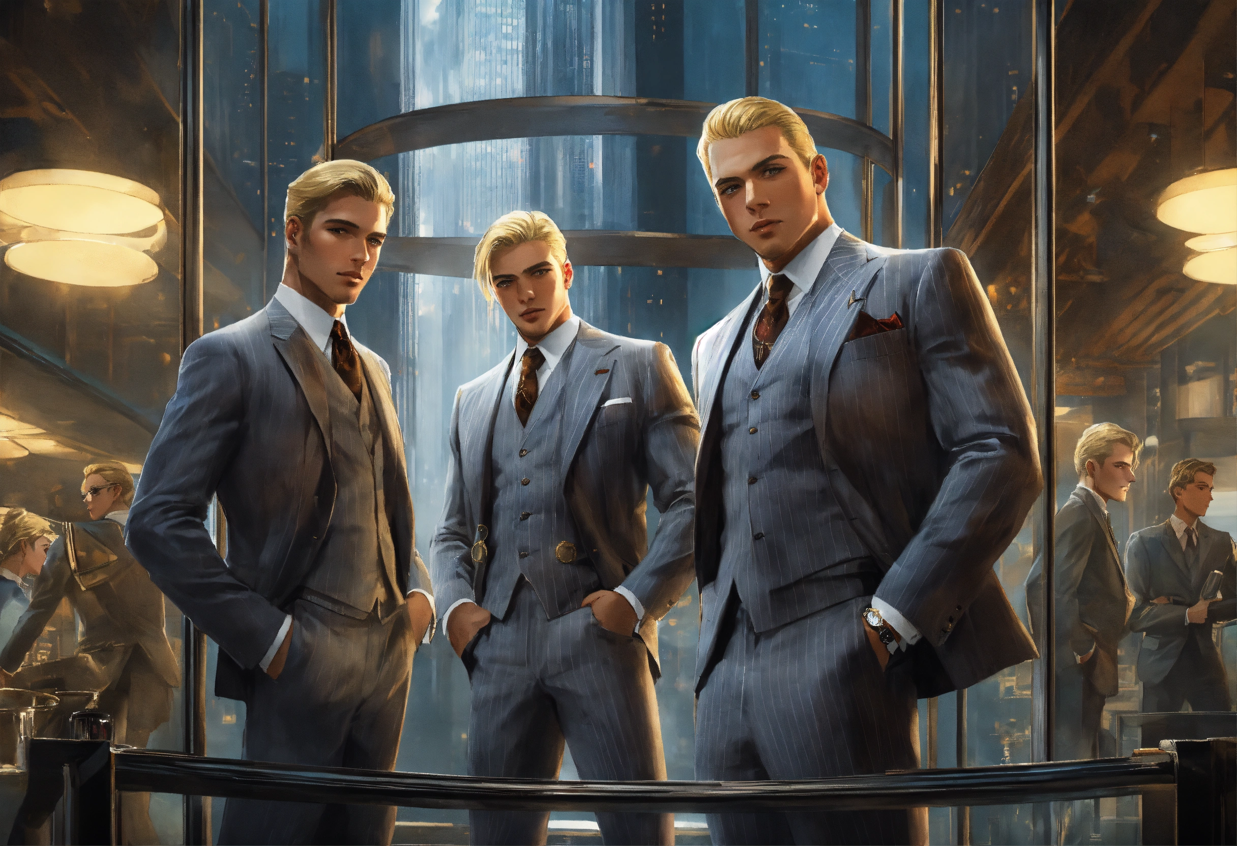 Lexica - Three blonde gangsters in grey pinstripe vested suit, standing ...