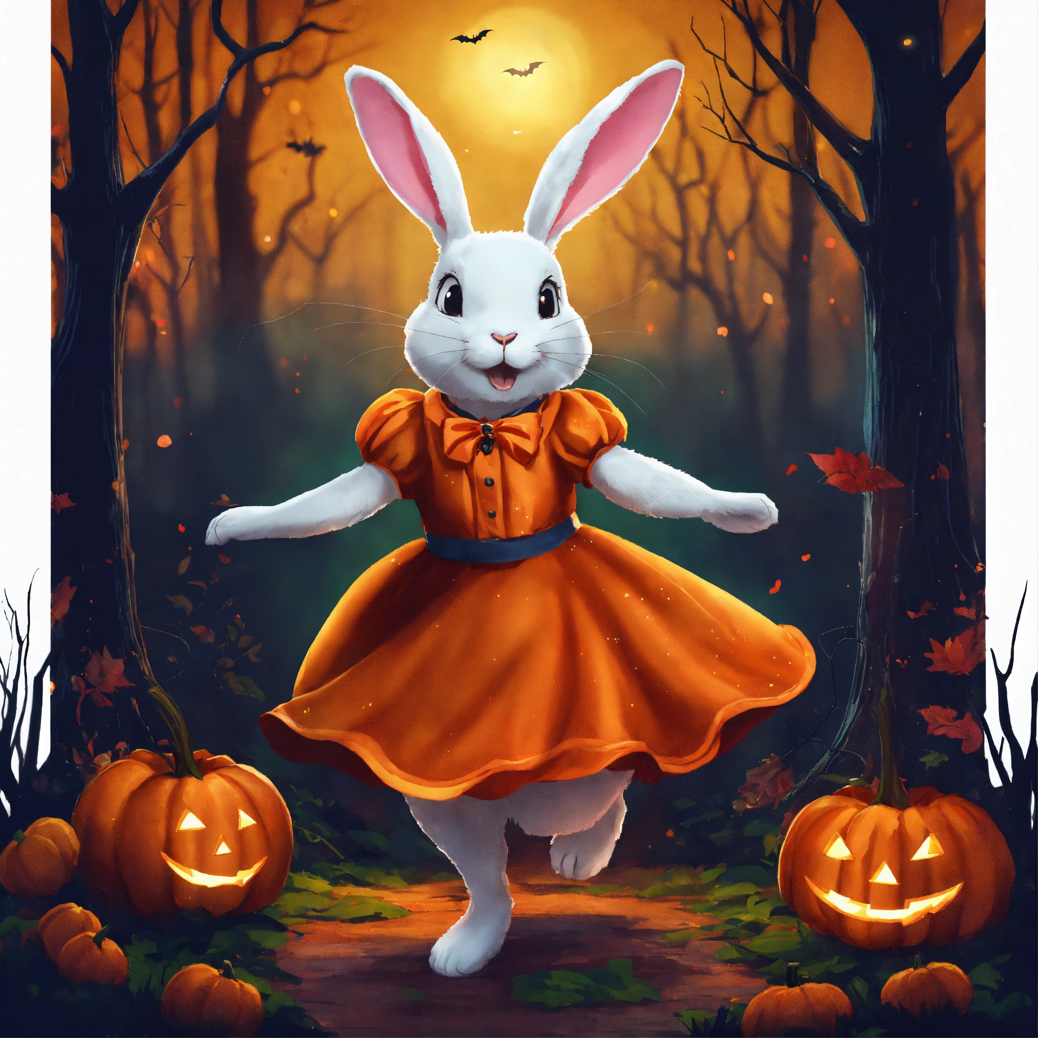 Lexica - Happy Rosie the rabbit dancing in the dark Halloween forest