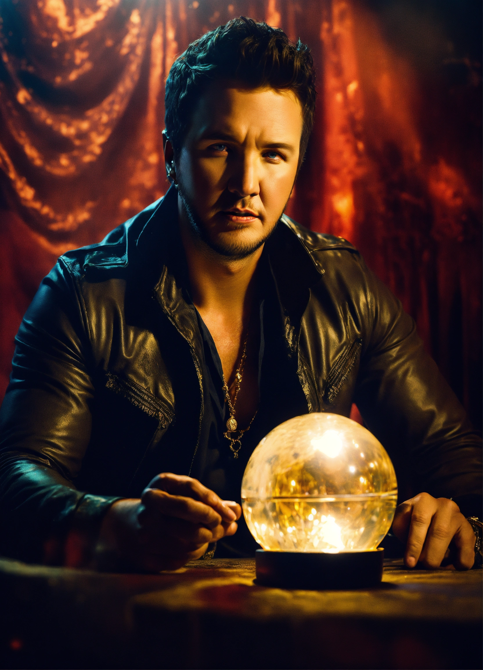 Lexica - Create a photo of luke bryan as a fortune teller, sitting in a ...