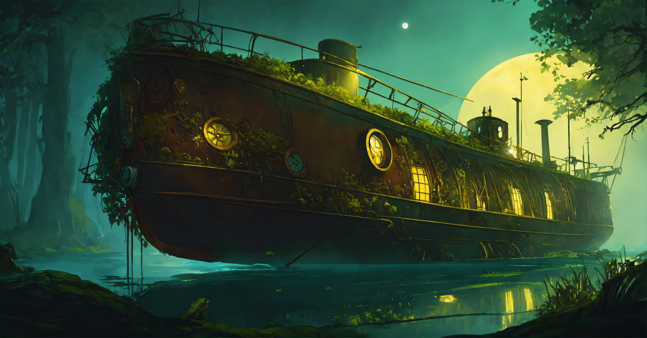 Lexica - Beached overgrown steampunk submarine tilted rusty shipwreck ...