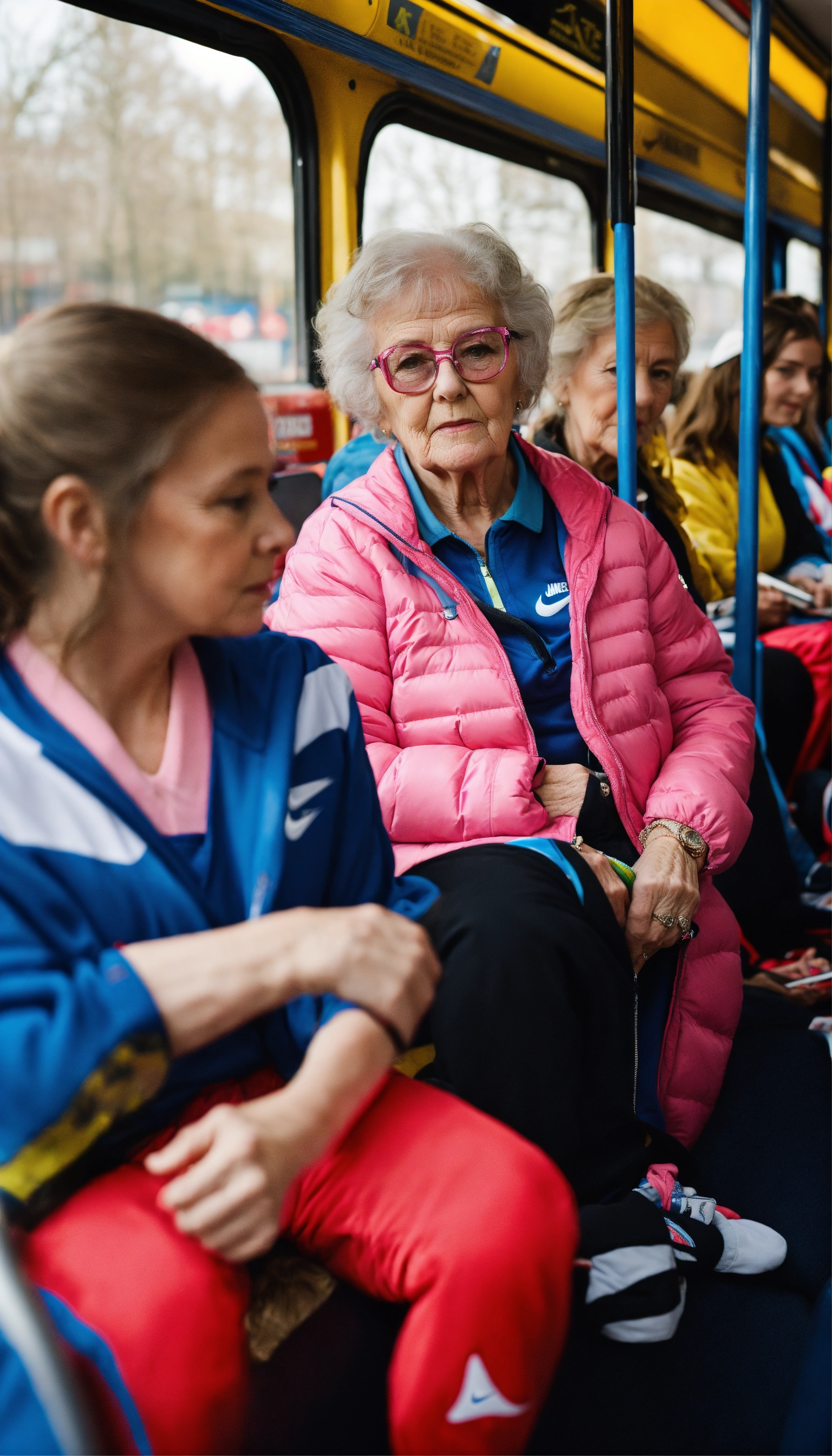 Lexica - British grandma, aged 70, she is sat on a bus, she is sat next ...