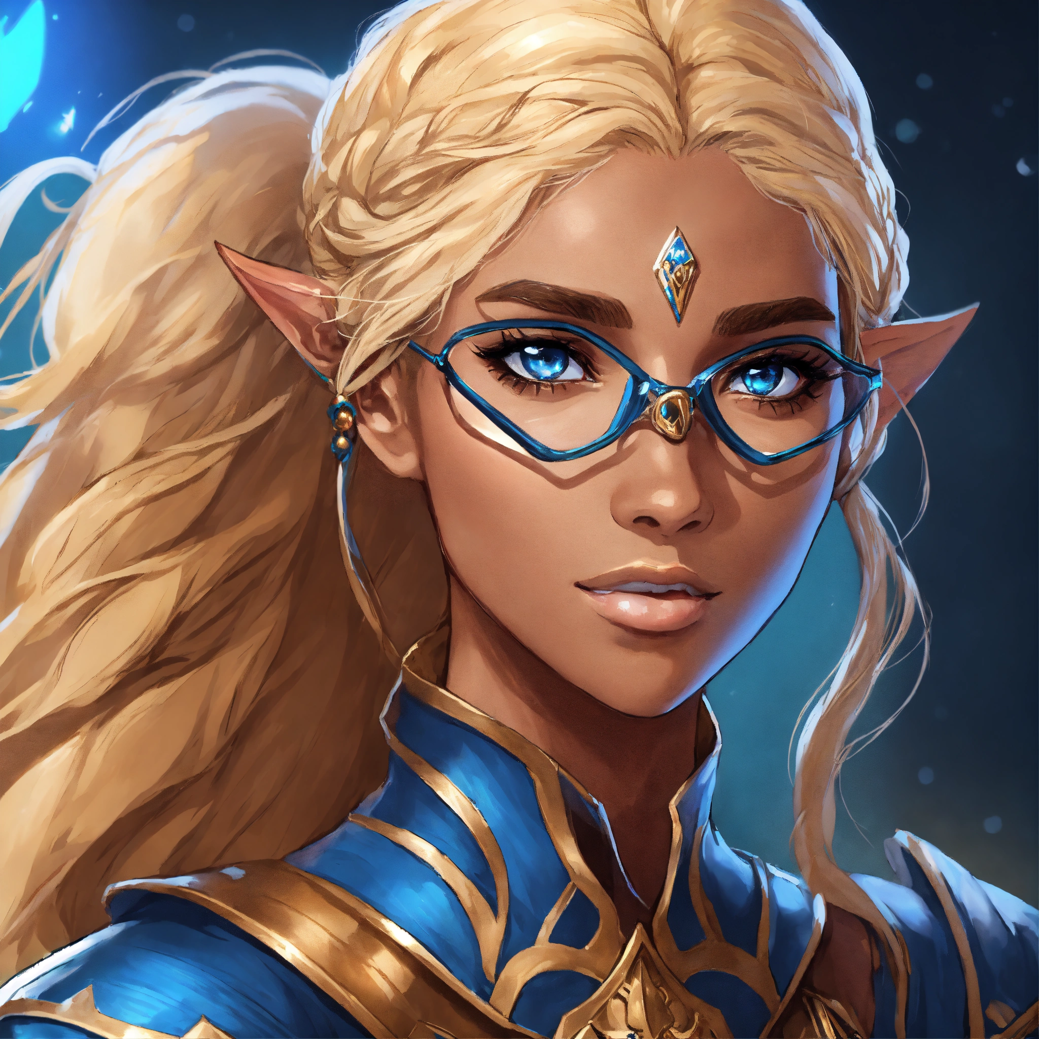Lexica - A very brown skinned half elf woman, wearing glasses with deep ...