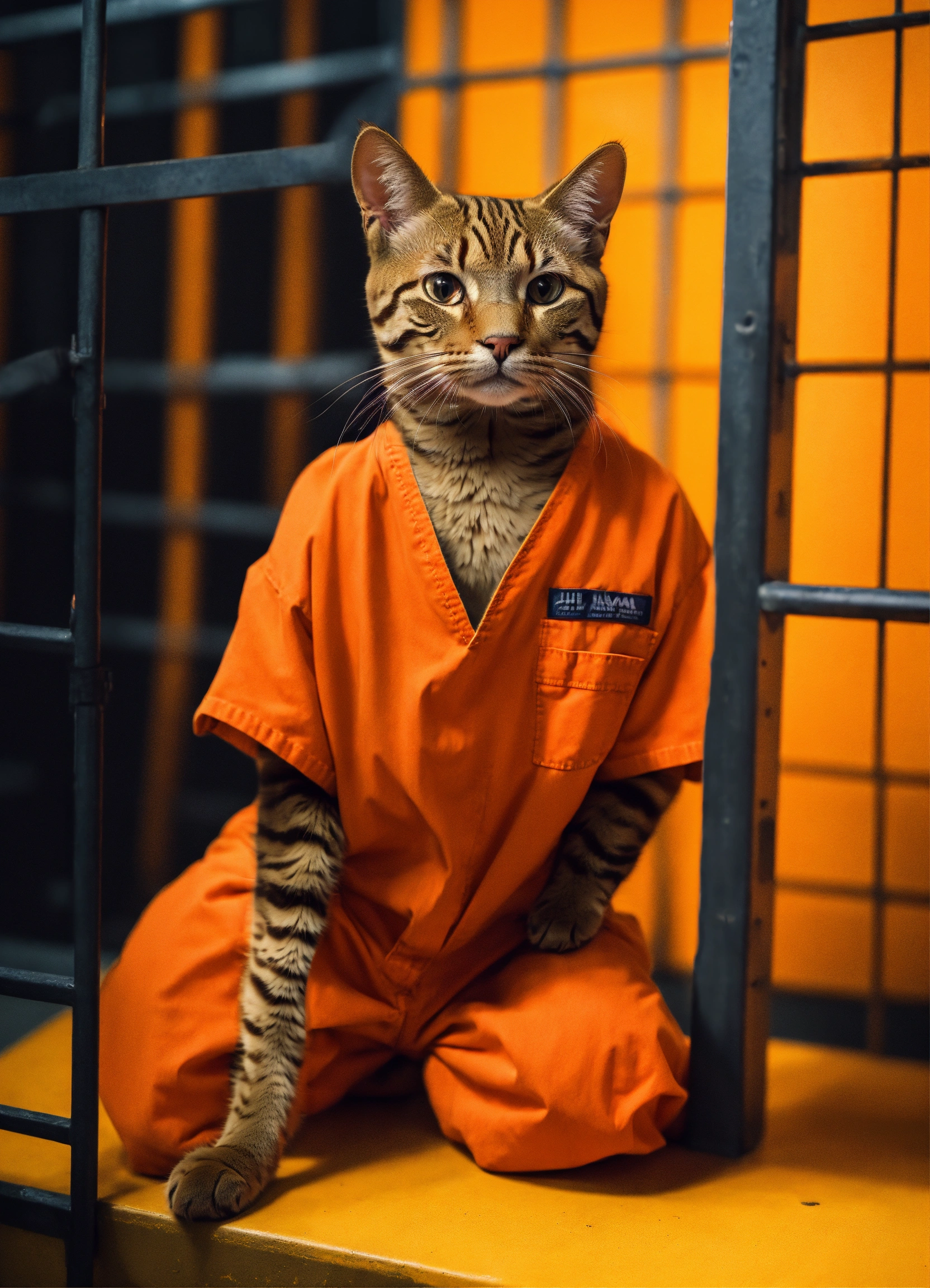 Lexica - A humanoid havana brown cat wearing inmate orange jumpsuit ...