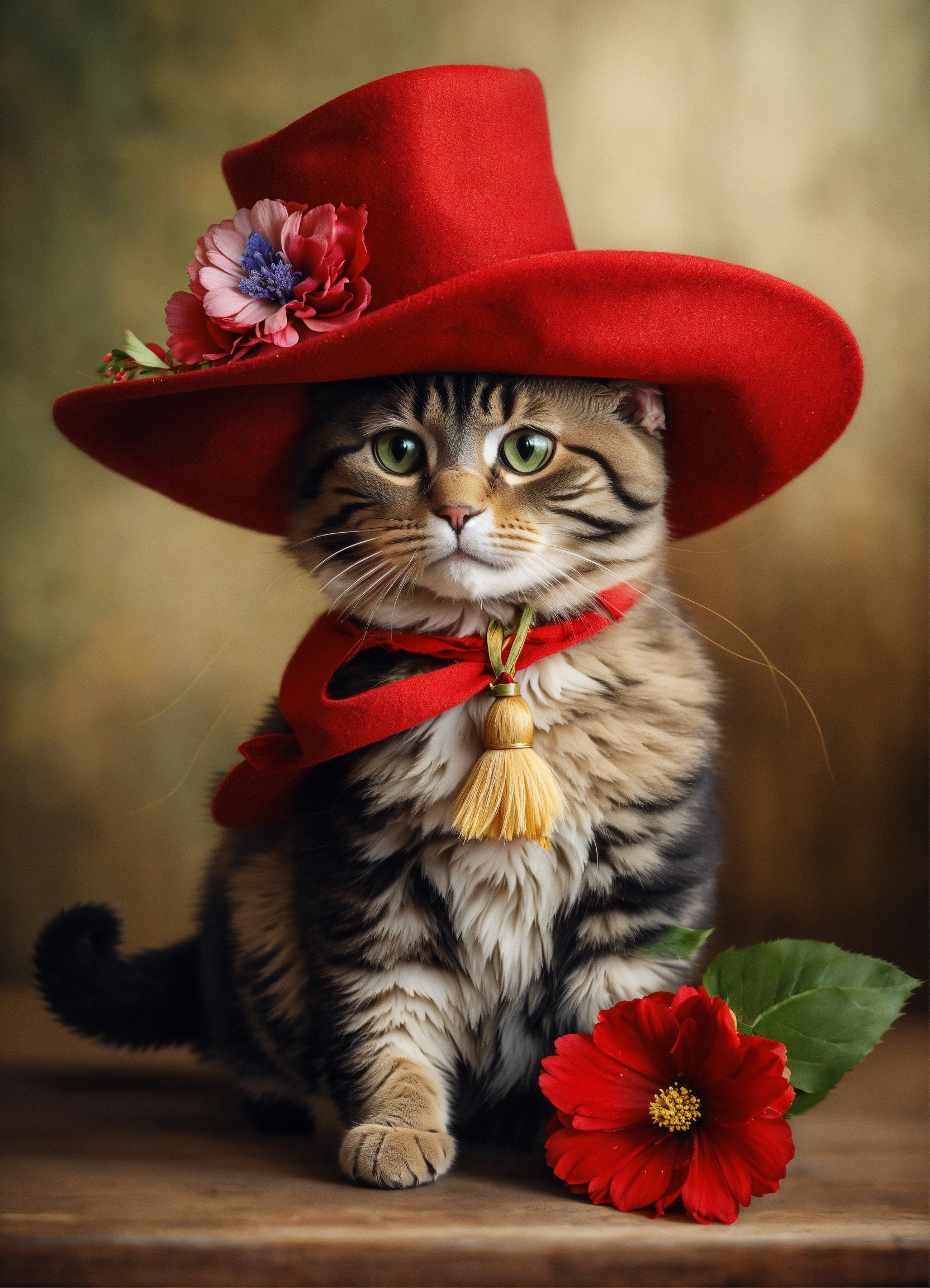 Lexica - A cat in boots with a red hat, holding a flower in his hand