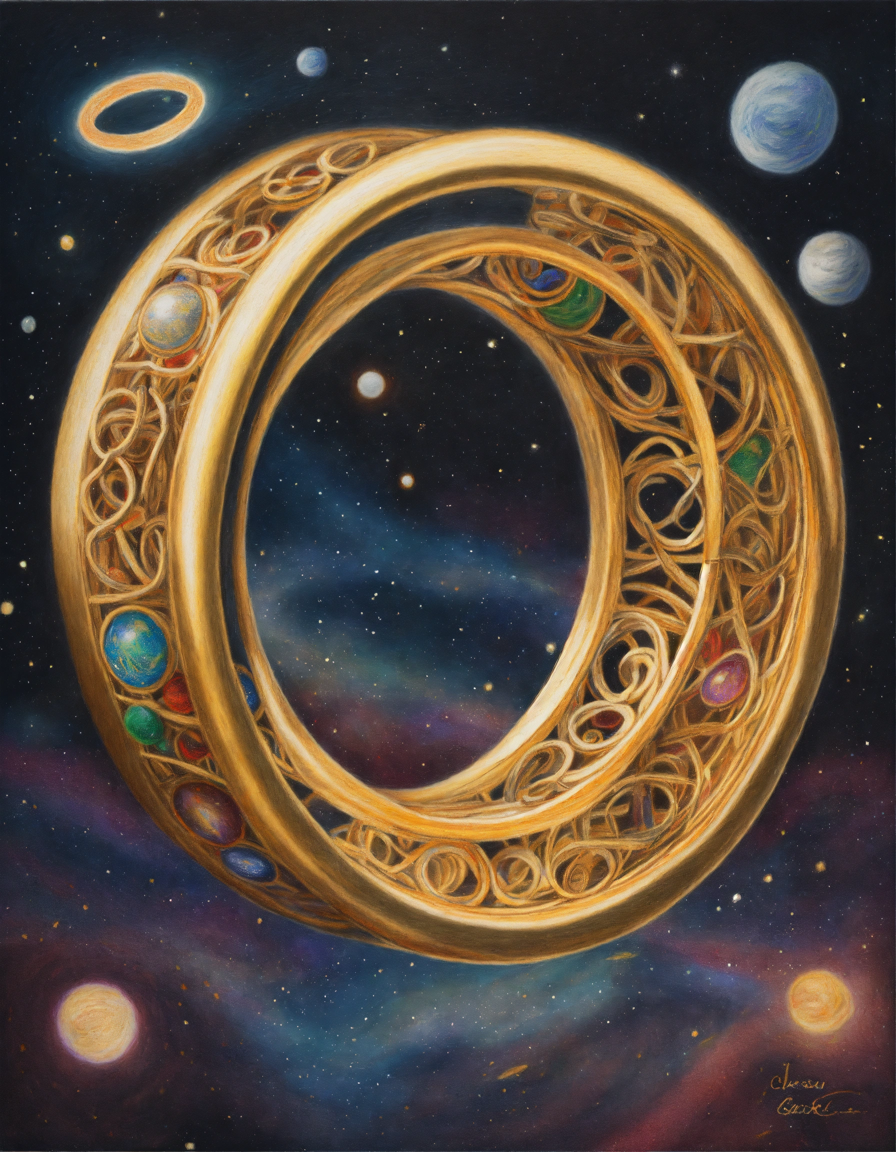 Lexica - Realistic colored pencil drawing of two large gold rings intertwined, with writings in ...