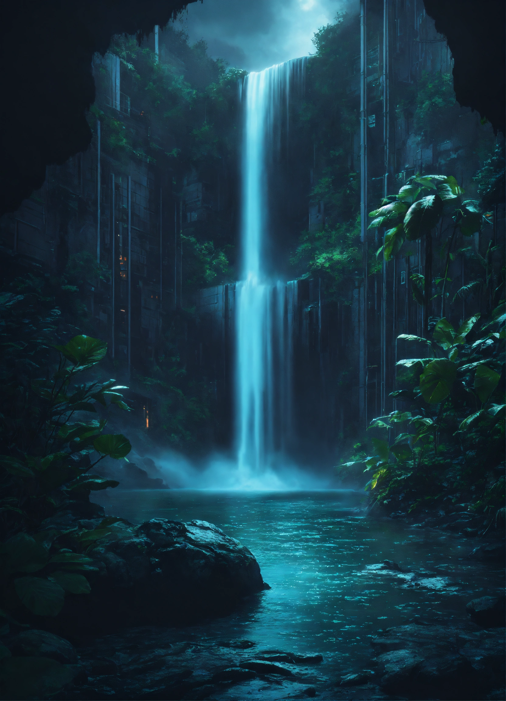 Lexica - Beautiful cozy waterfall with a view overlooking a cyberpunk ...
