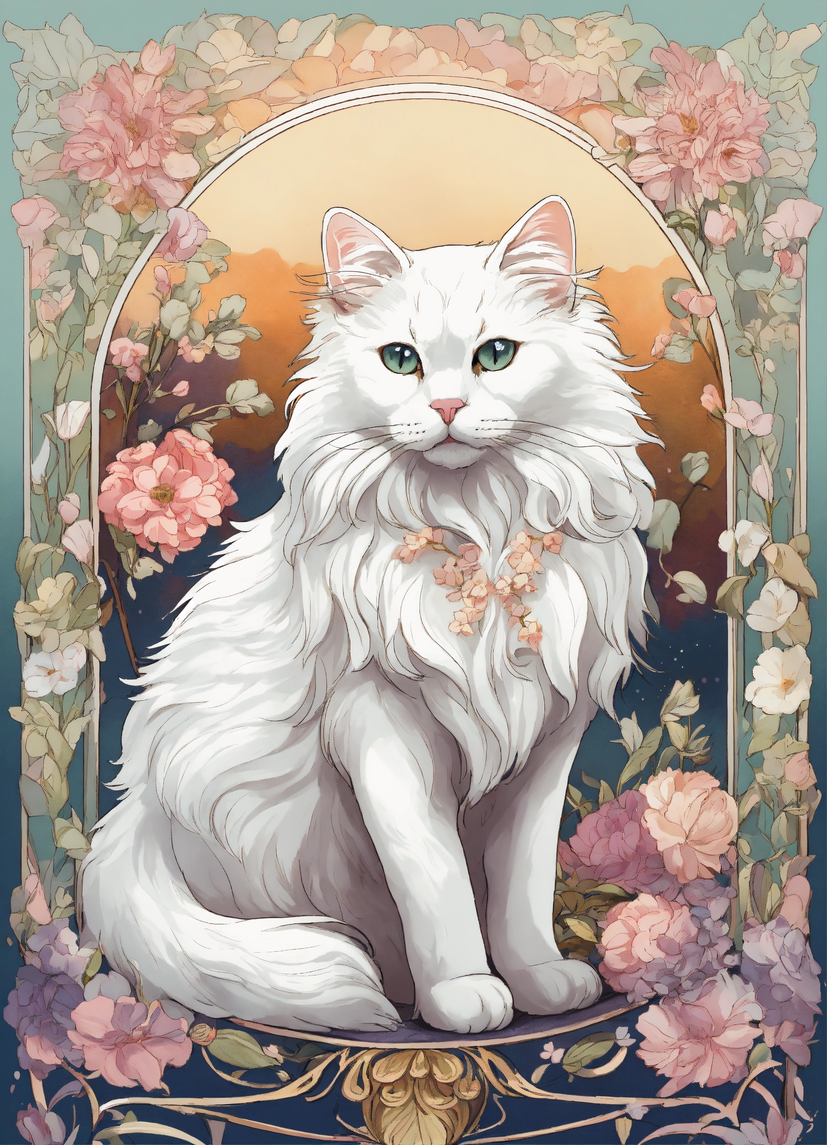 Lexica - Art nouveau overwhelmingly beautiful fluffy white cat framed ...