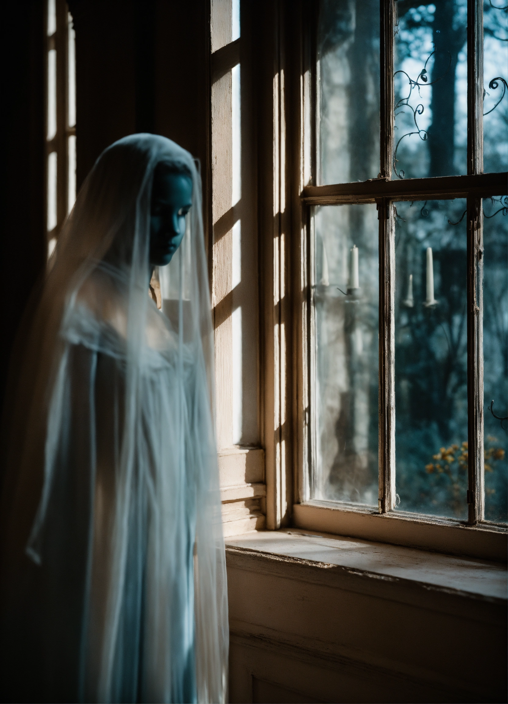Lexica - A ghostly apparition appearing in an old mansion's window ...