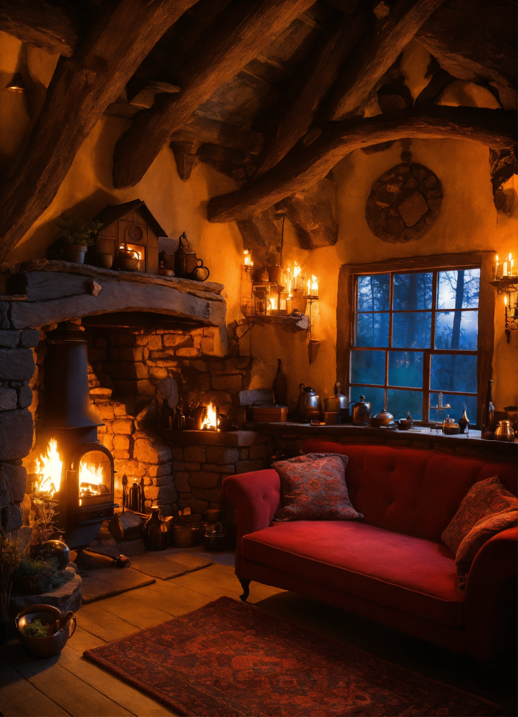 Lexica - Witches house, cottage, small kitchen, fireplace, sofa, rug ...