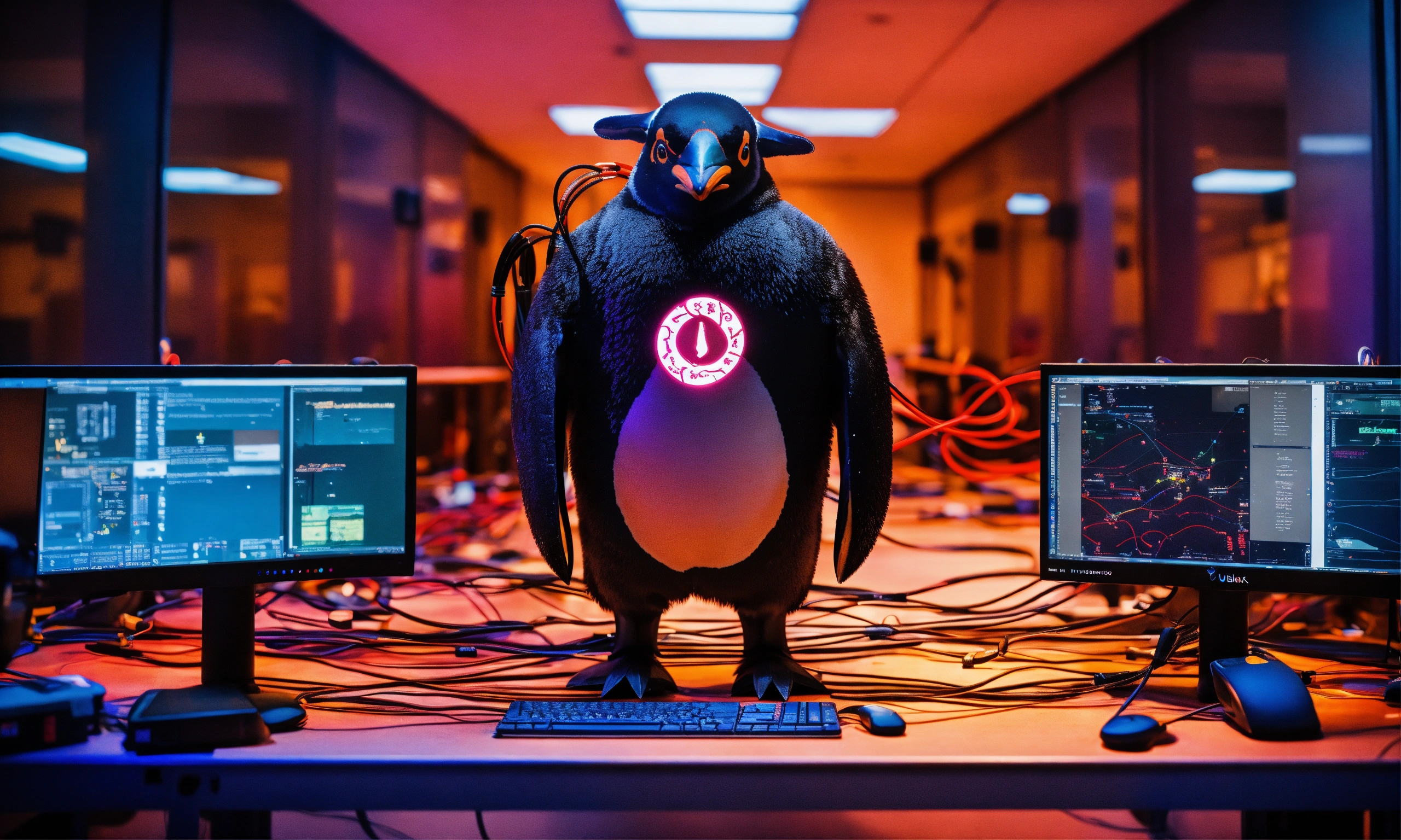 Lexica - A penguin dressed up as a minotaur. Standing in a computer lab ...
