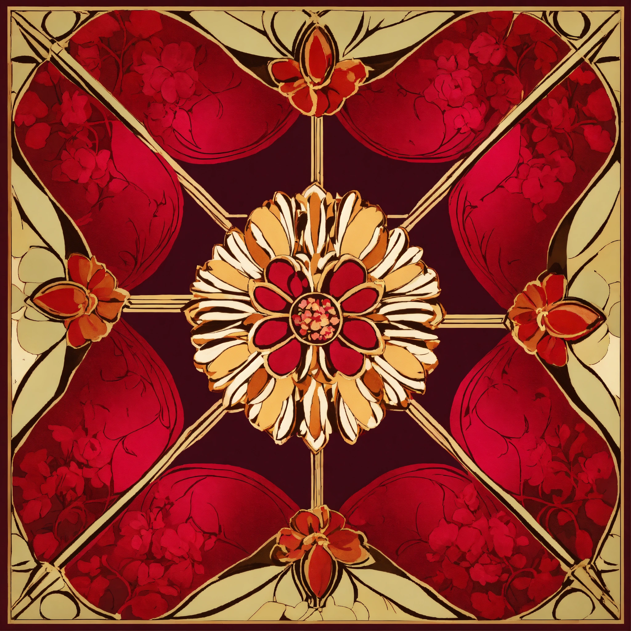 Lexica - Floral print, tiled motif, ruby, shiny, art deco