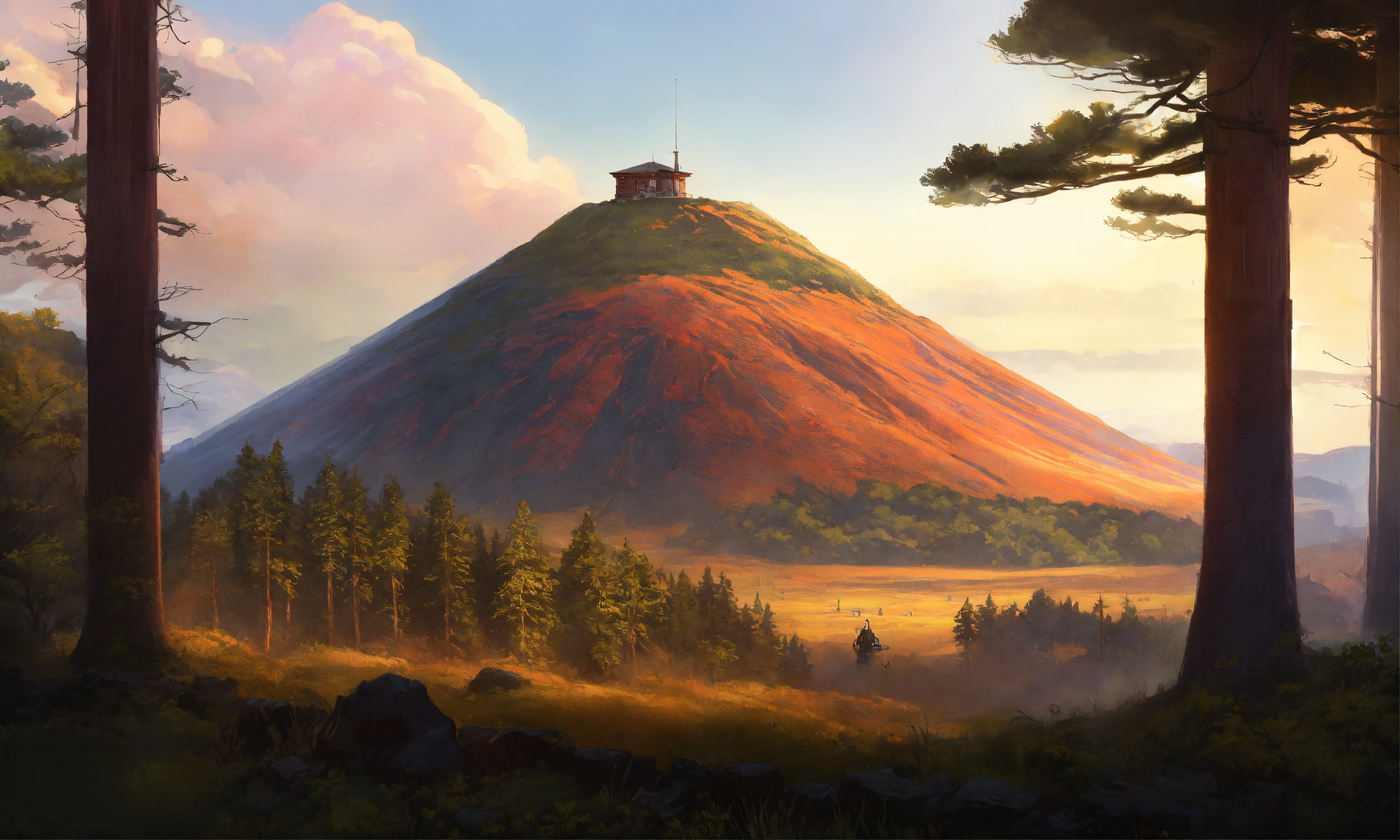 Lexica - Colonial blockhouse with dormant volcano in distance and pine ...