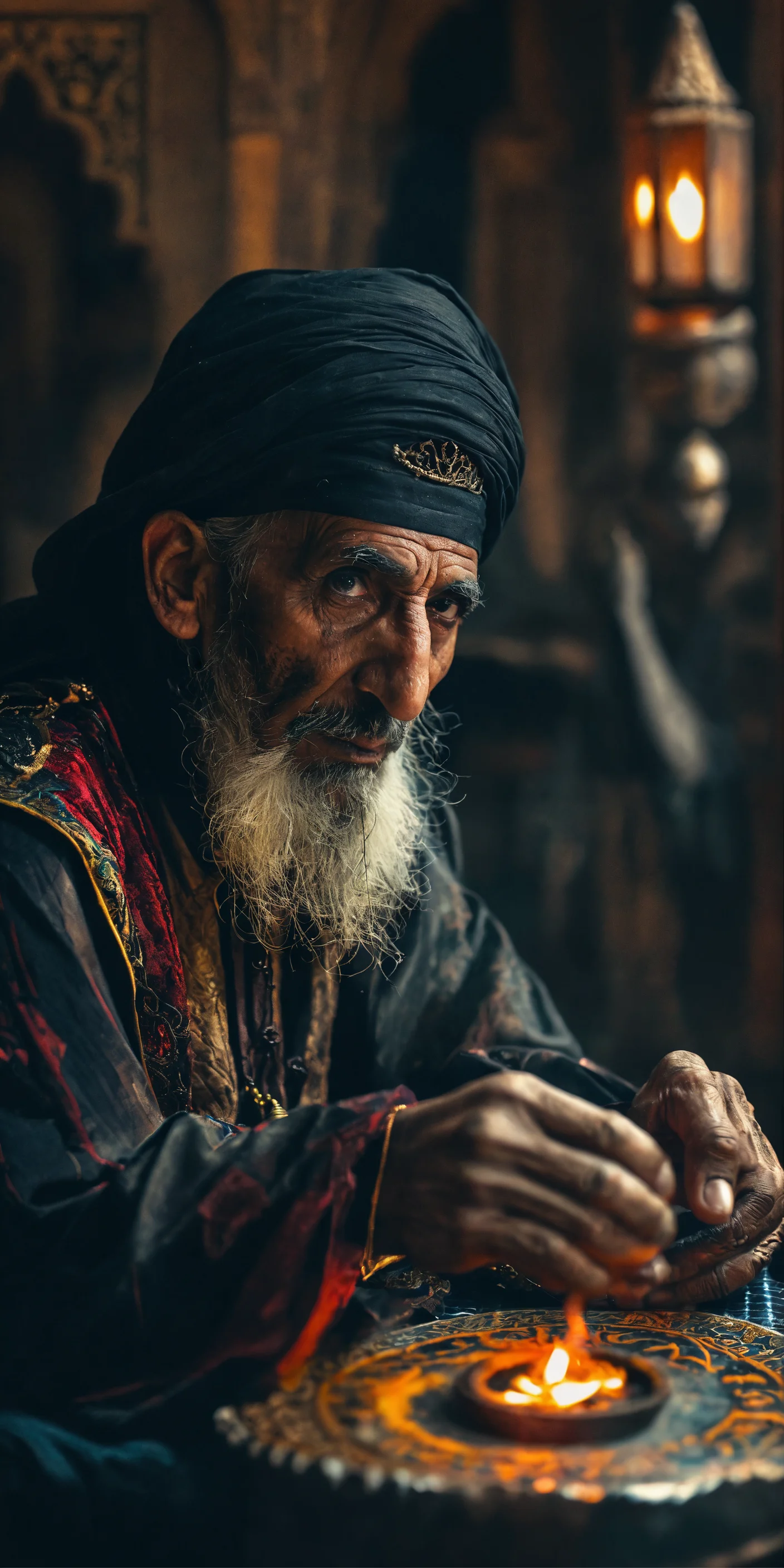 Lexica - An old Arabian magician creating a charm. Scary vibes.