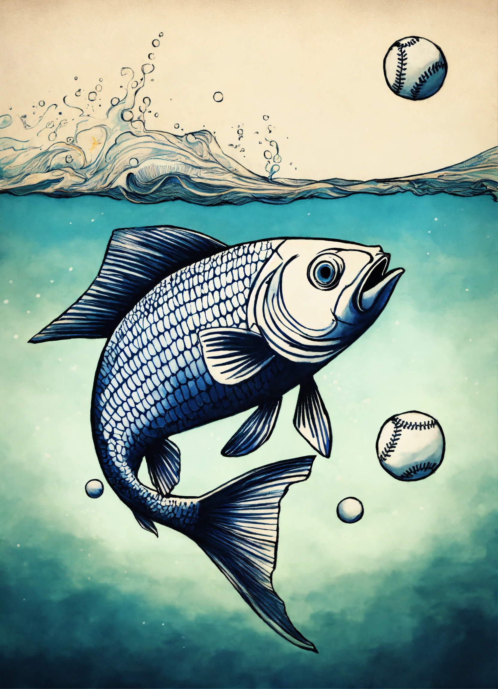Lexica - Ink drawing of a fish playing baseball.