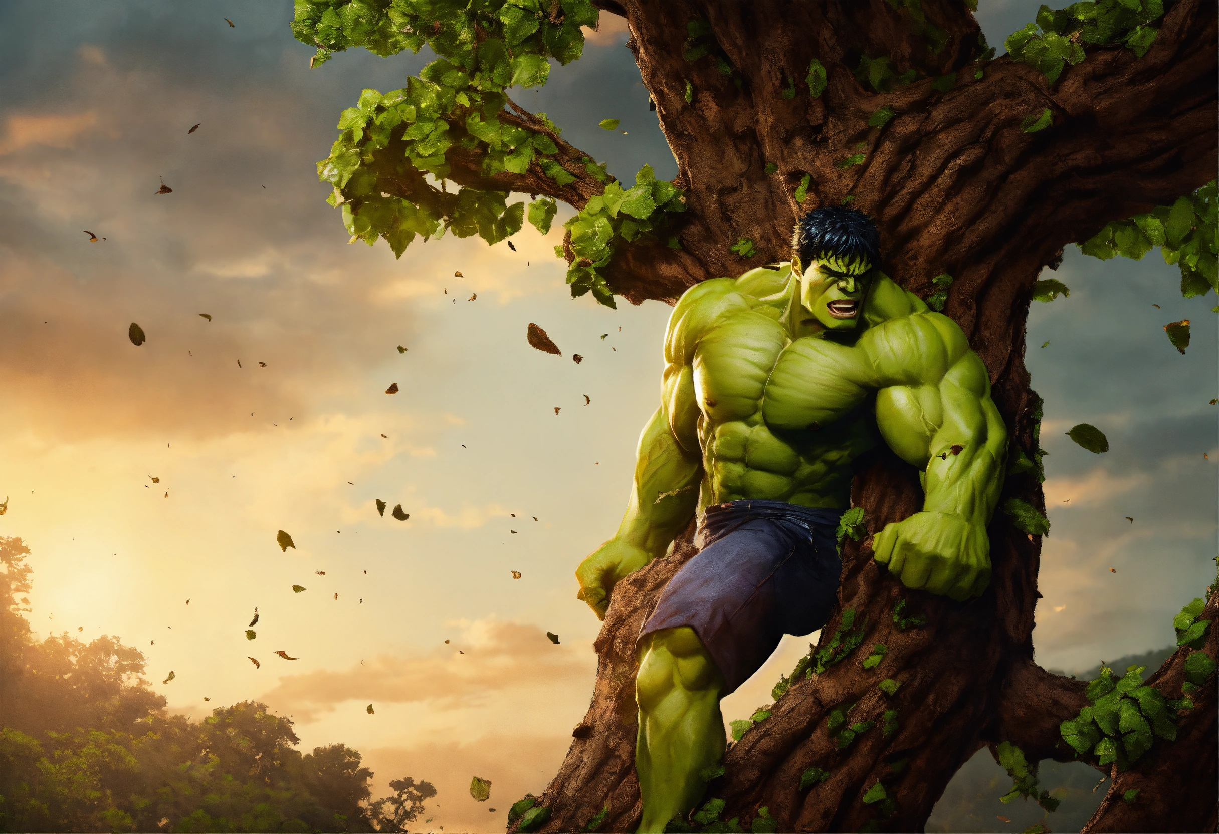 Lexica - The Hulk climbing the tree but getting stuck himself