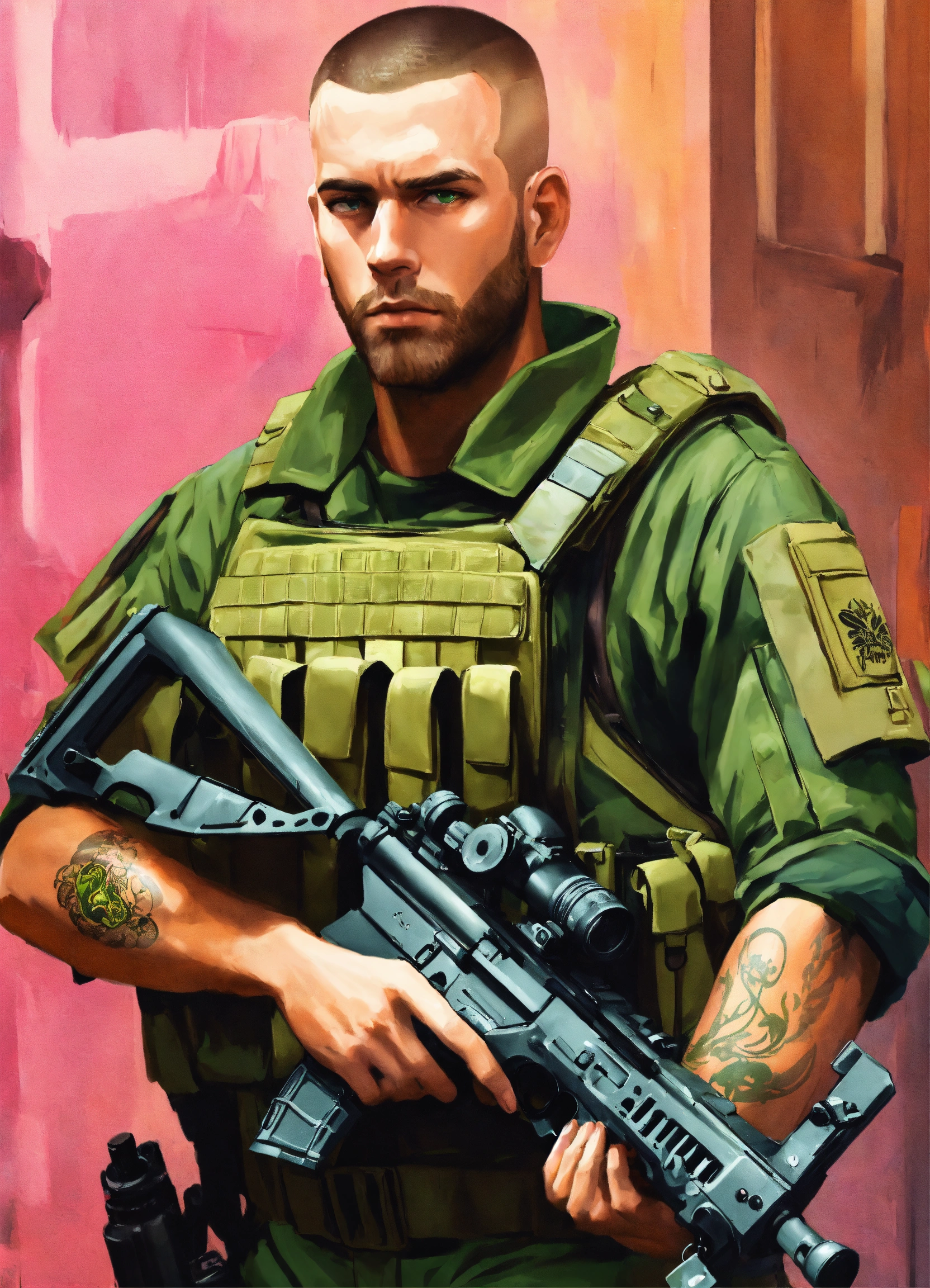 Lexica - A man in green tactical gear with brown hair, a 5 o clock ...