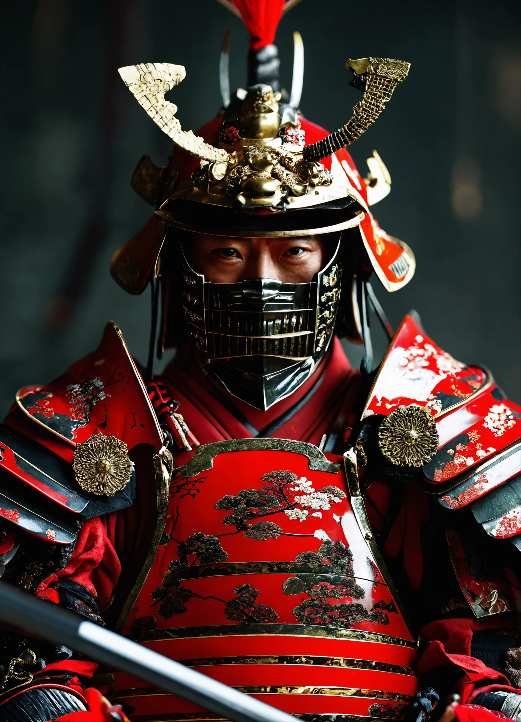 Lexica - A close up shot of Hiroyuki Sanada wearing a full red samurai ...