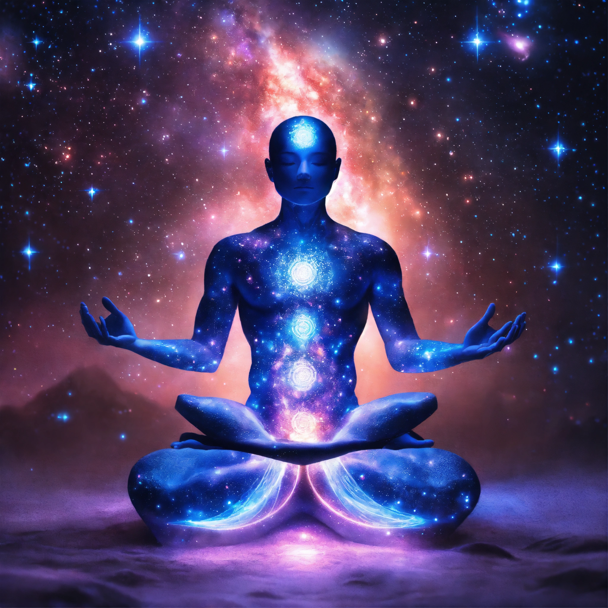 Lexica - Glowing humanoid meditates and transforms the body to fulfill ...