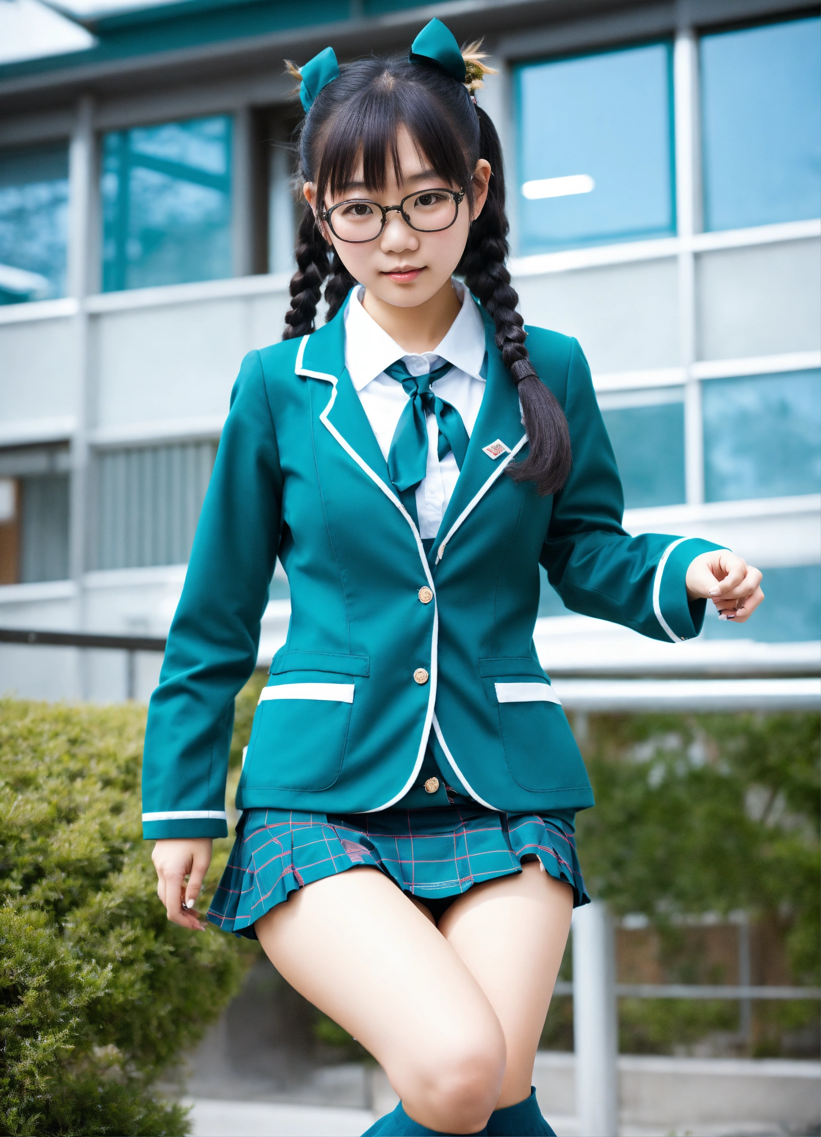 Lexica - Japanese Girl with twin tails and glasses in glossy teal ...