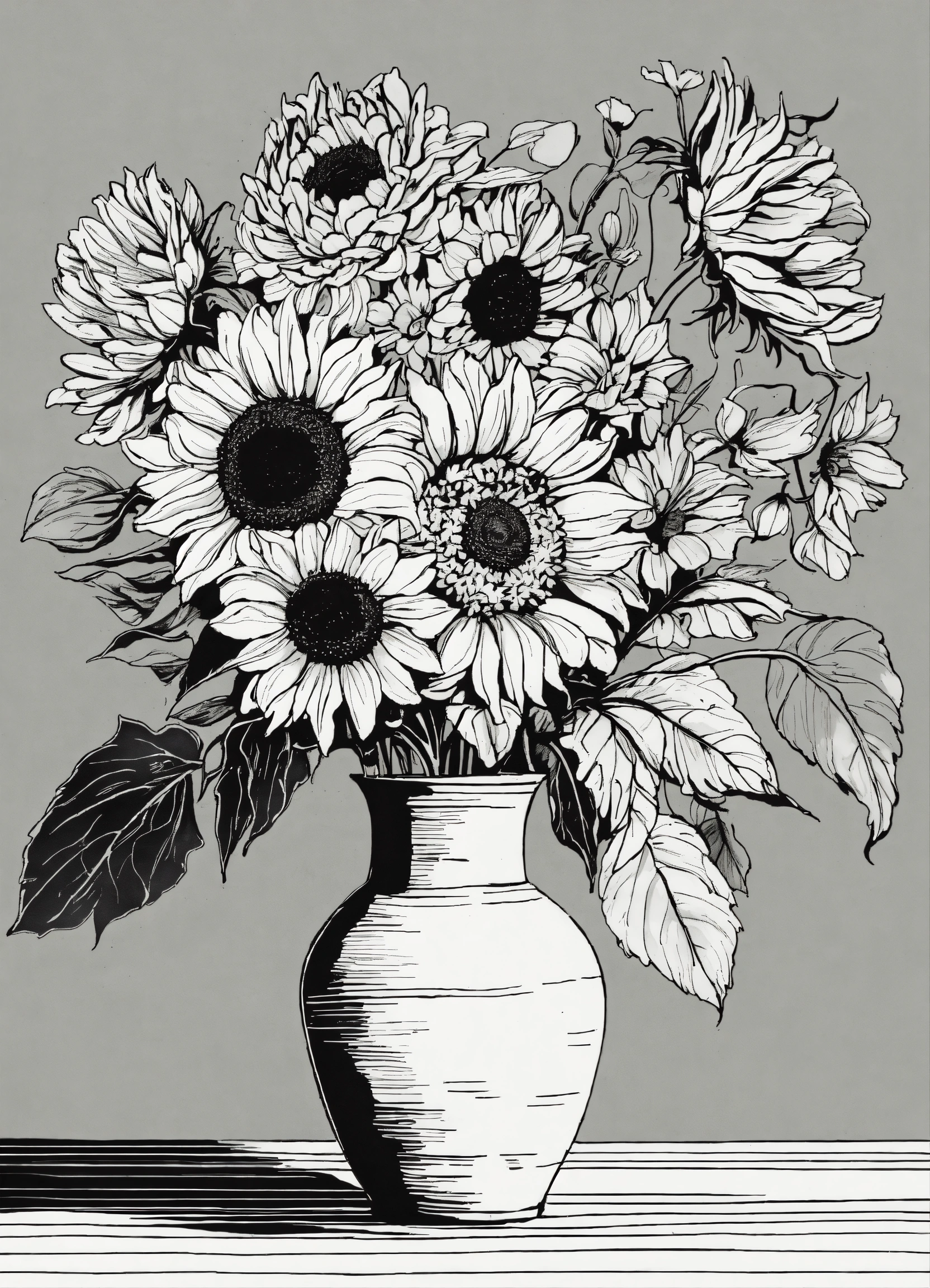 Lexica - Black and white bold line drawing, floral arrangement in vase ...