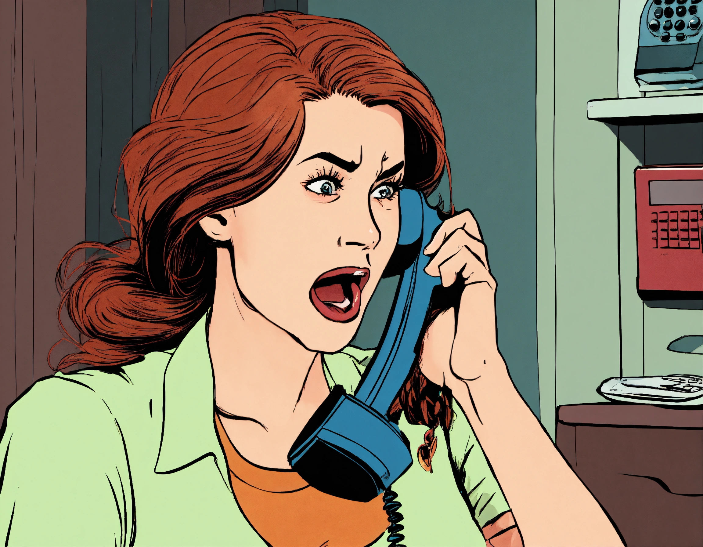 Lexica - Close up. A woman is yelling into a telephone. she is nervous ...