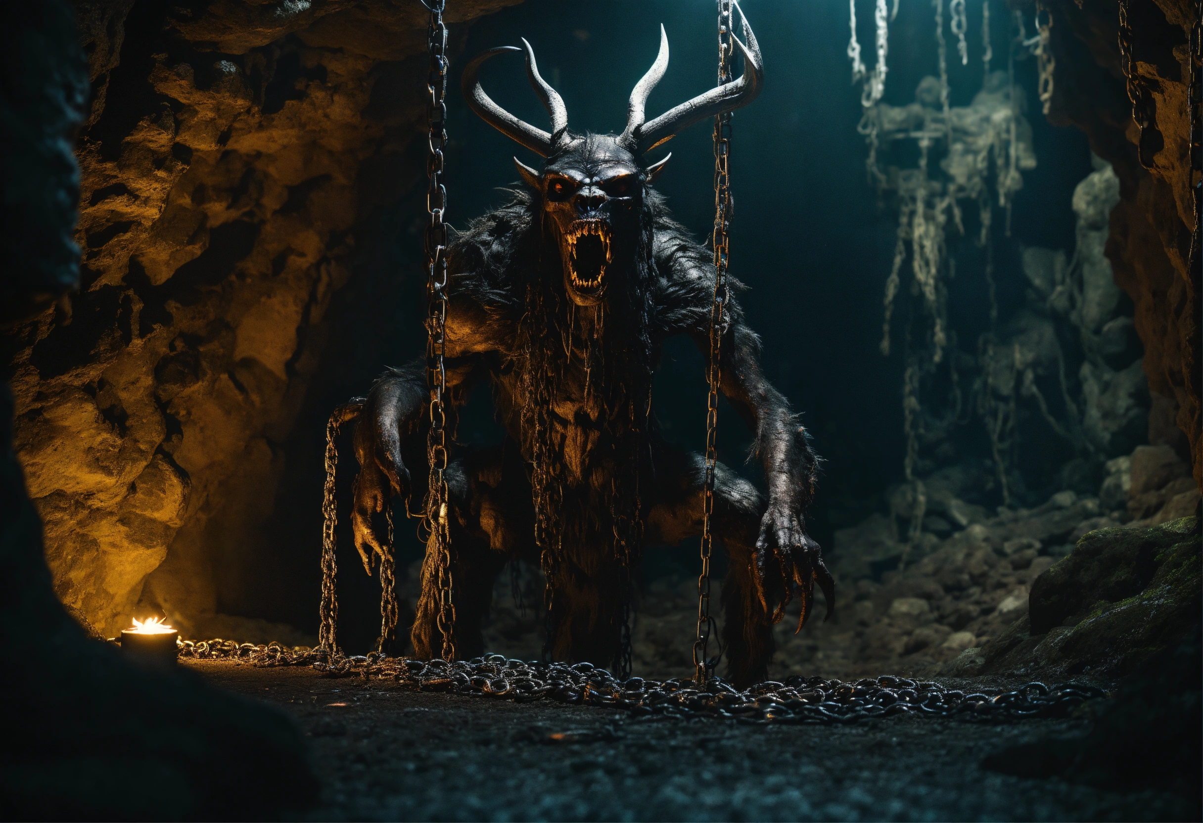 Lexica - Wendigo monster in A scary dark, deep cave with many chains ...