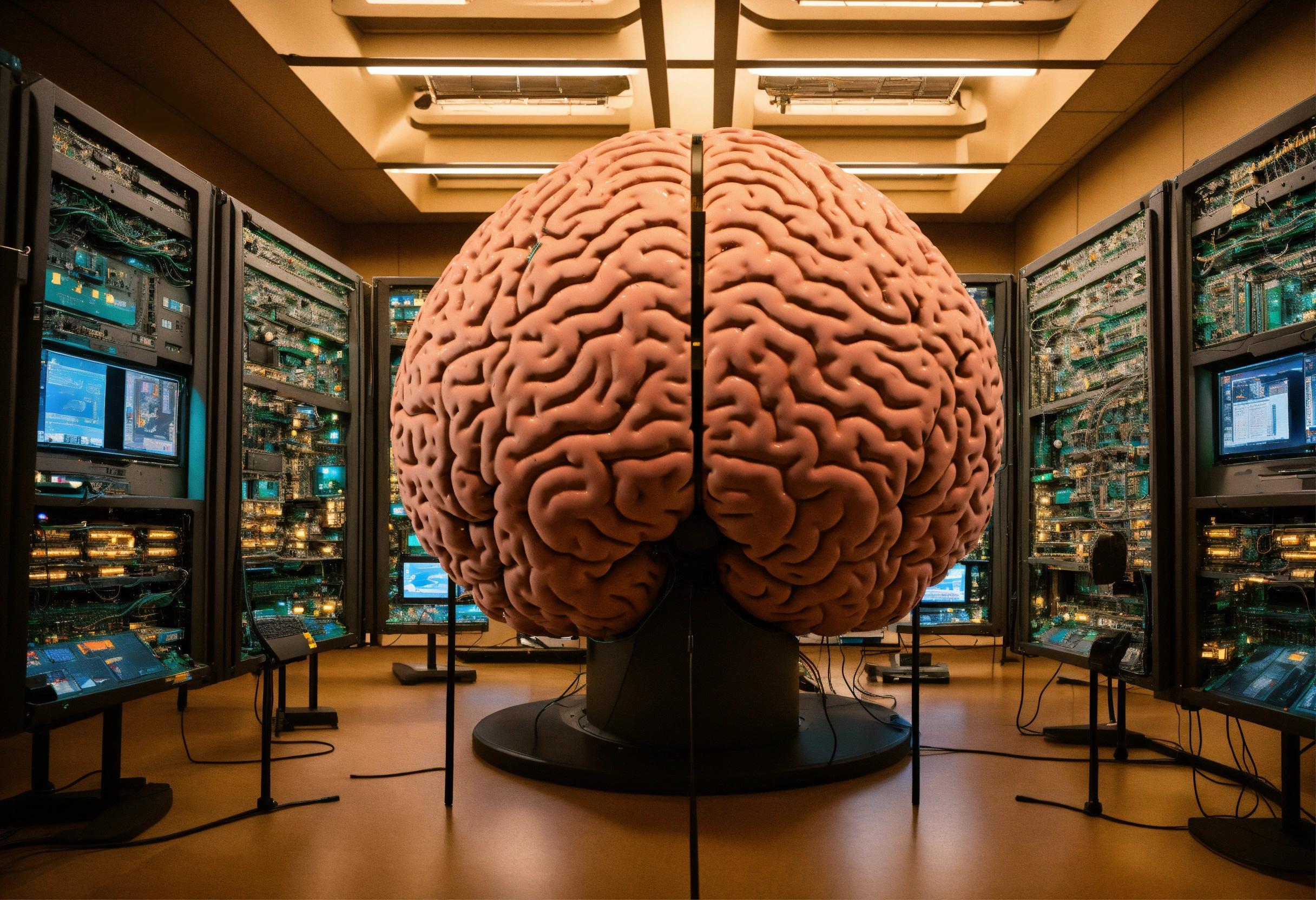 Lexica - In the center of the room, a colossal human brain is ...