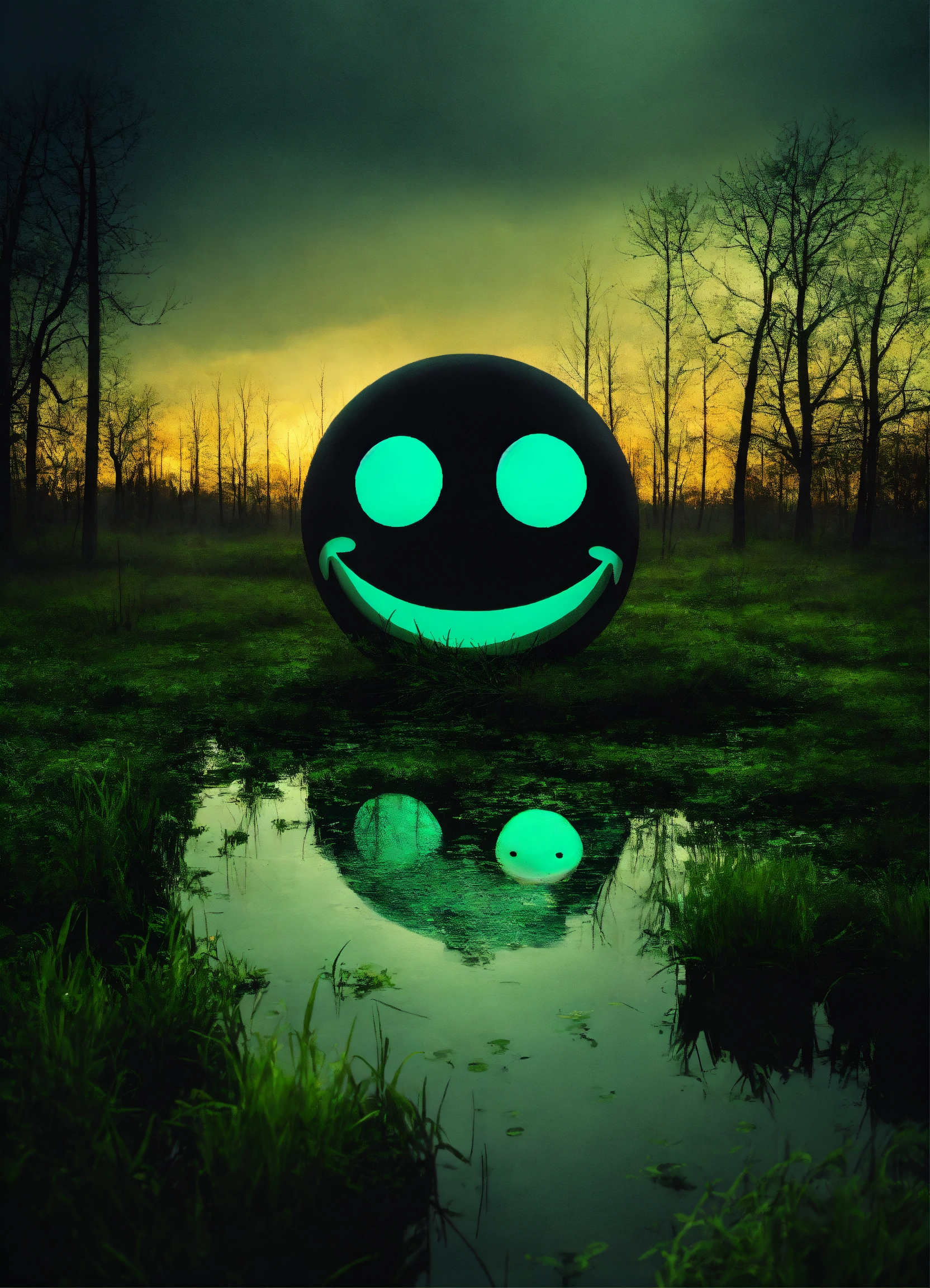 Lexica - Floating creepy smiley face in swamp dark estetic with text ...