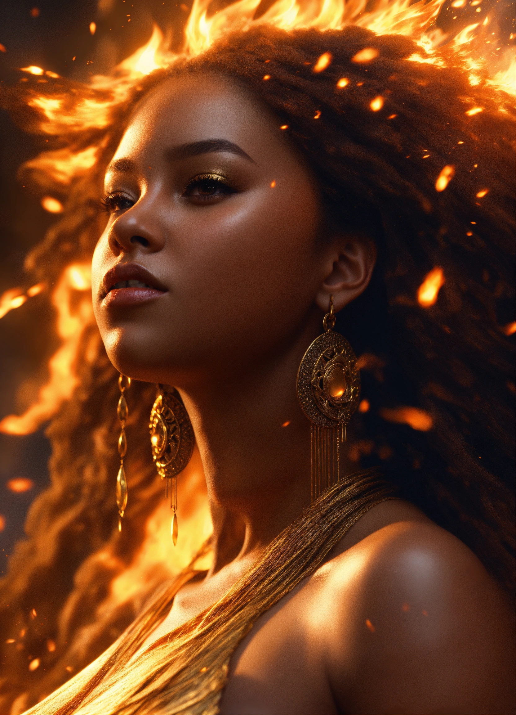 Lexica - "magical fire goddess", golden embers, blazing fire ...