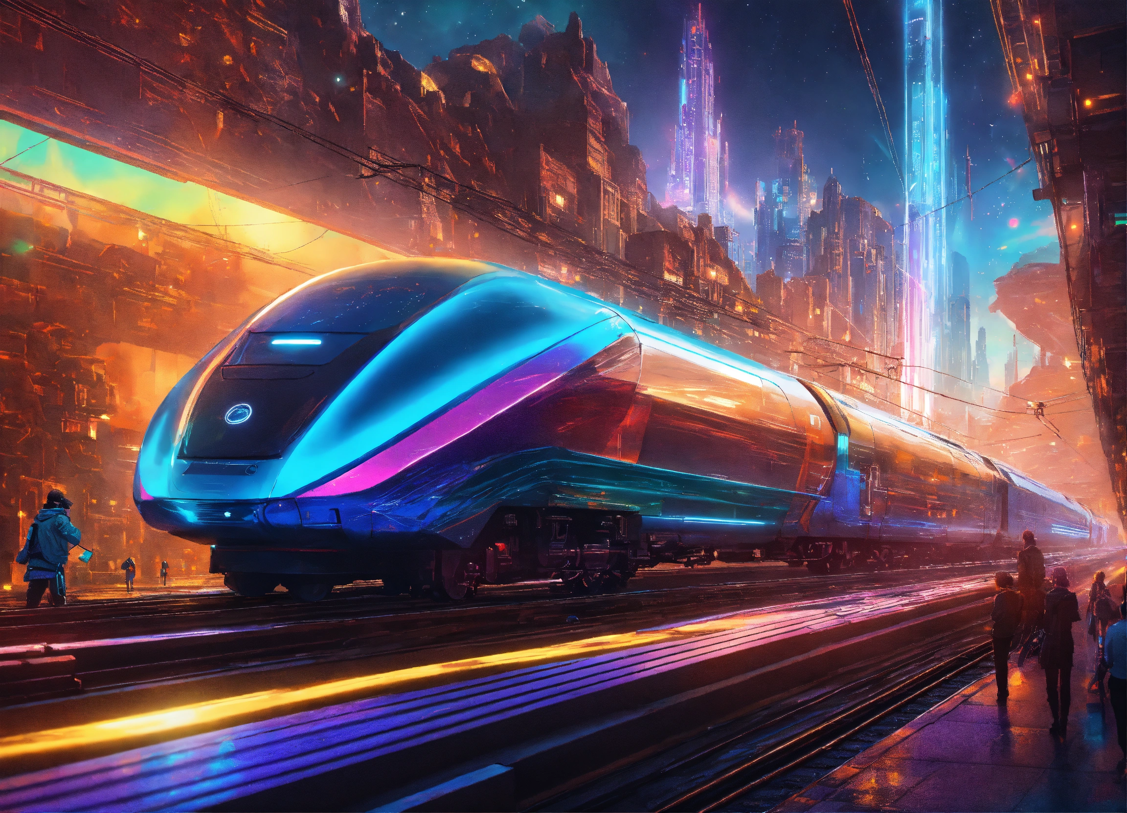 Lexica - Future train running in a near-future city in cosmic space ,blue neon,rainbow body,8k ...