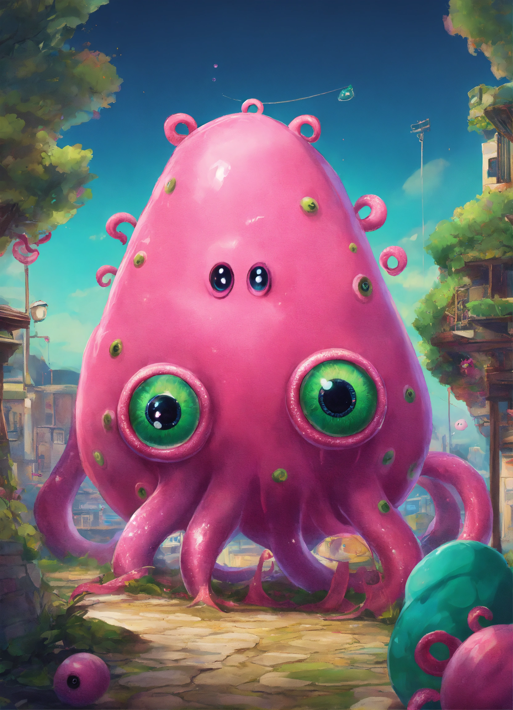 Lexica - Five eyeballs on a kawaii pink blob monster with skinny green ...