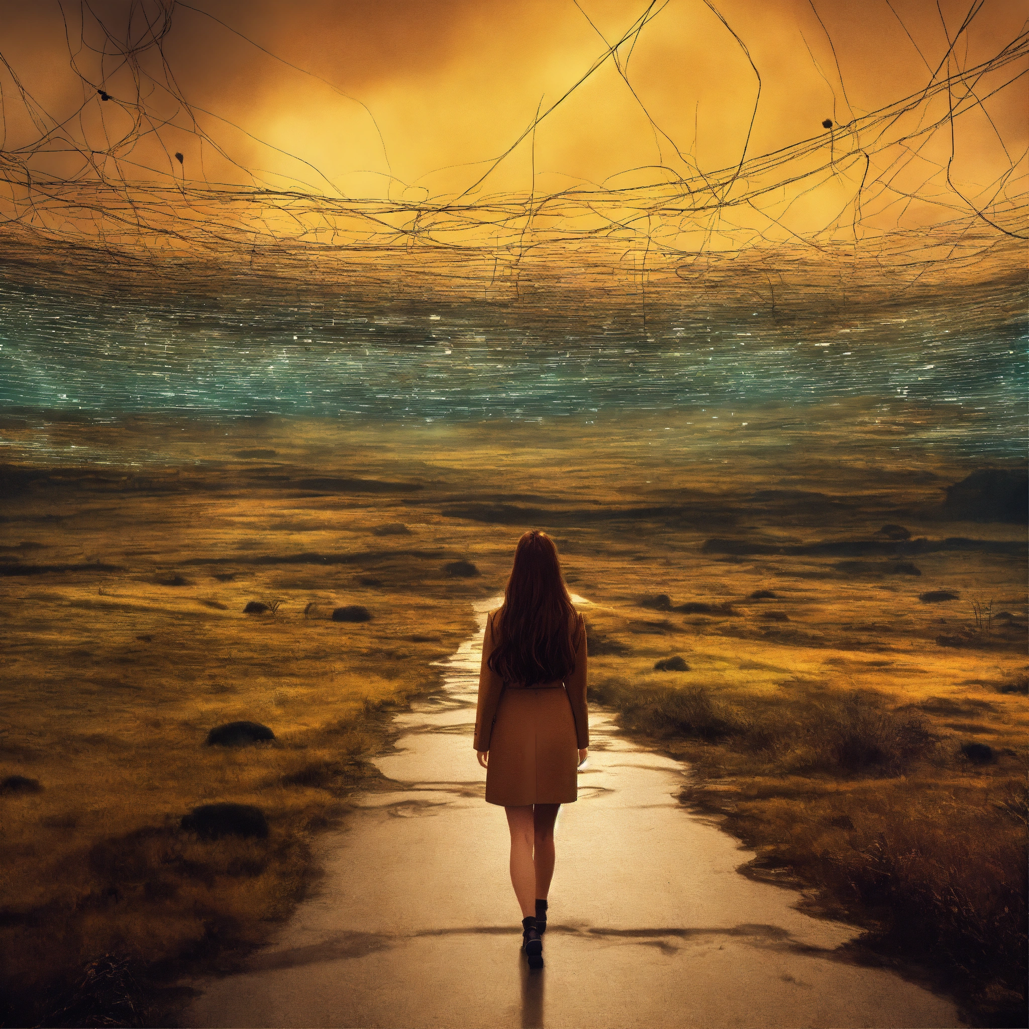 Lexica - Retro TV Static World Place a woman with long brown hair in a ...