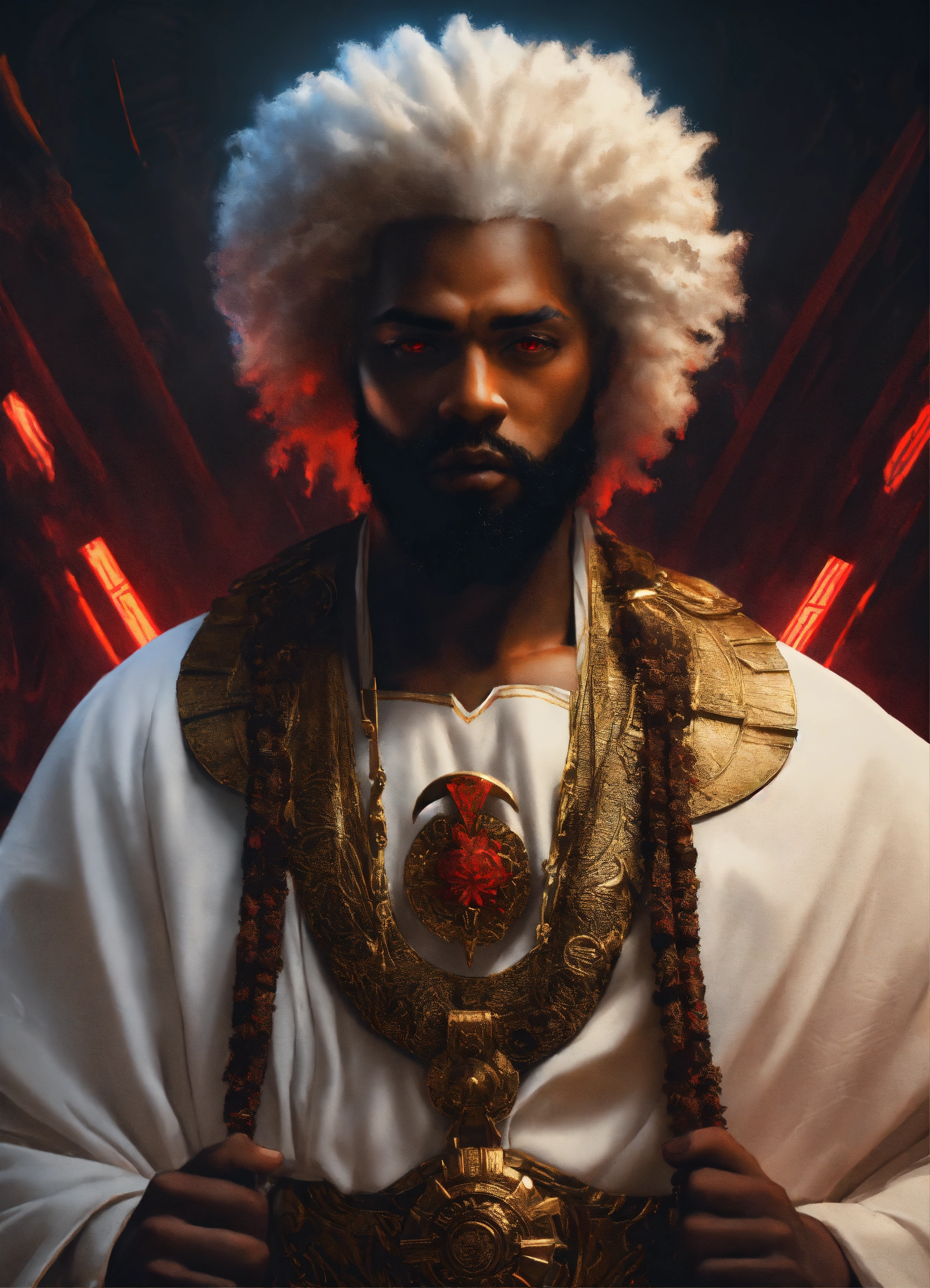 Lexica - Black Christ red eyes white afro hair and white beard war ...