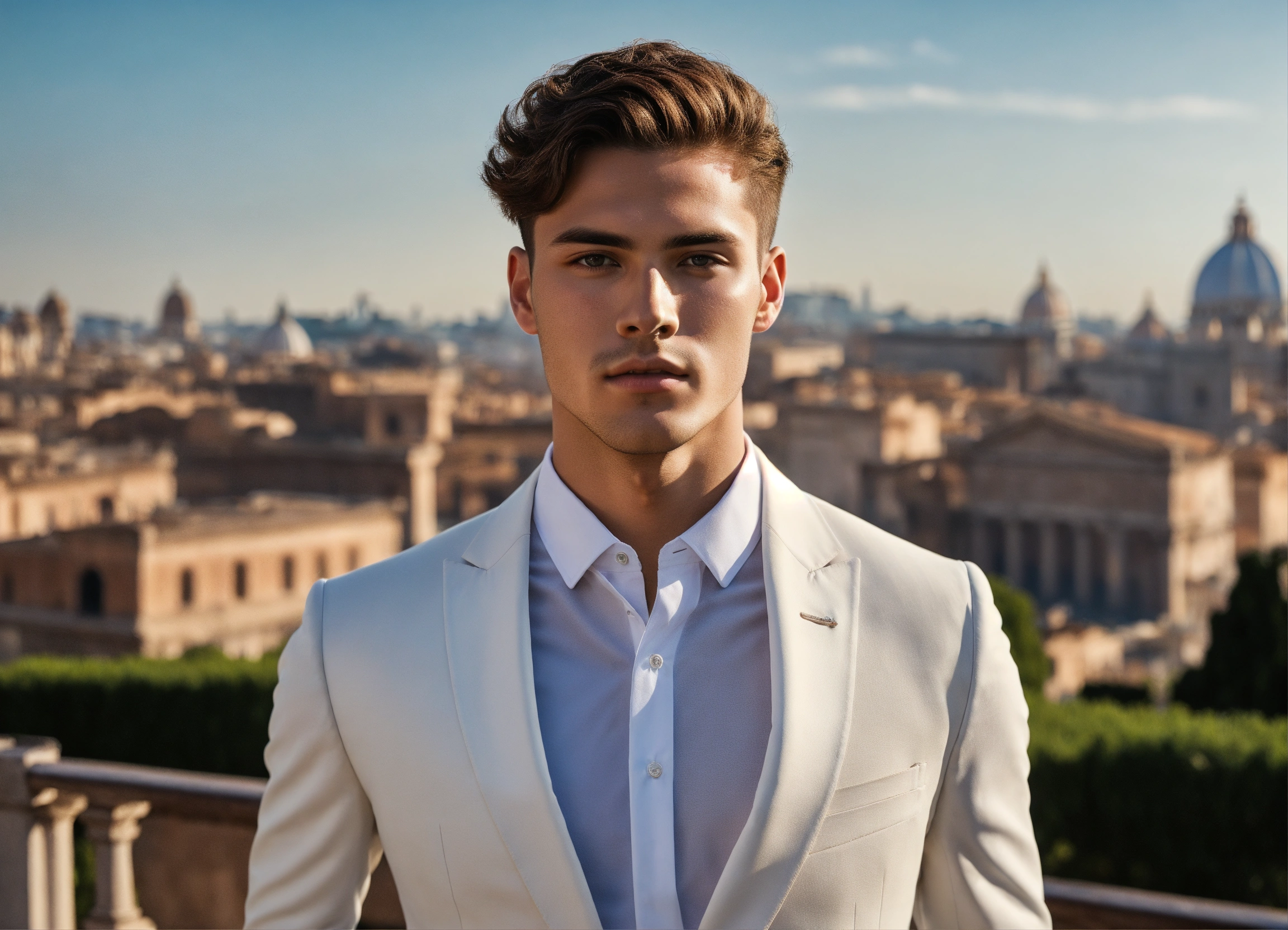 Lexica - Photo of one young male model in whiteclothes looking to the ...