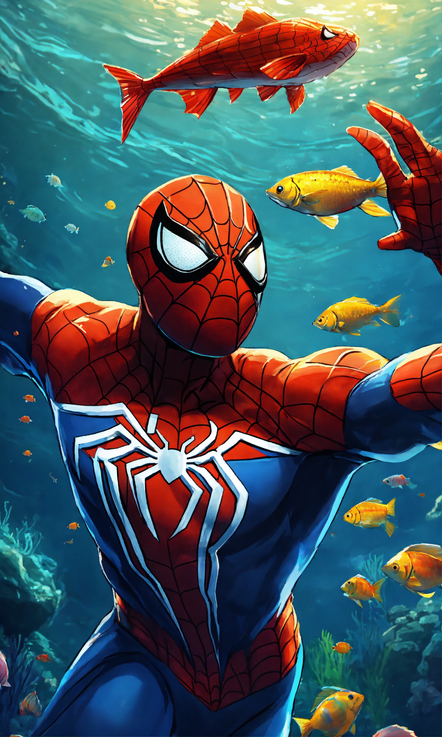 Lexica - Spiderman swimming with fish underwater in the ocean, nature ...