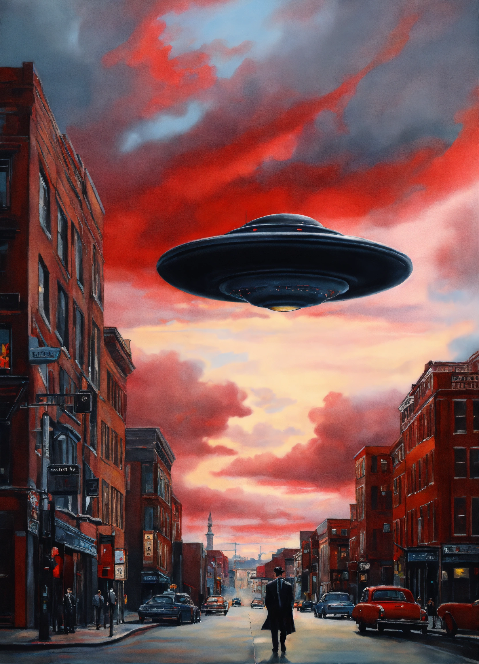 Lexica - Superrealist style, urban style, men in black, cloudy day, flying saucer in the sky ...