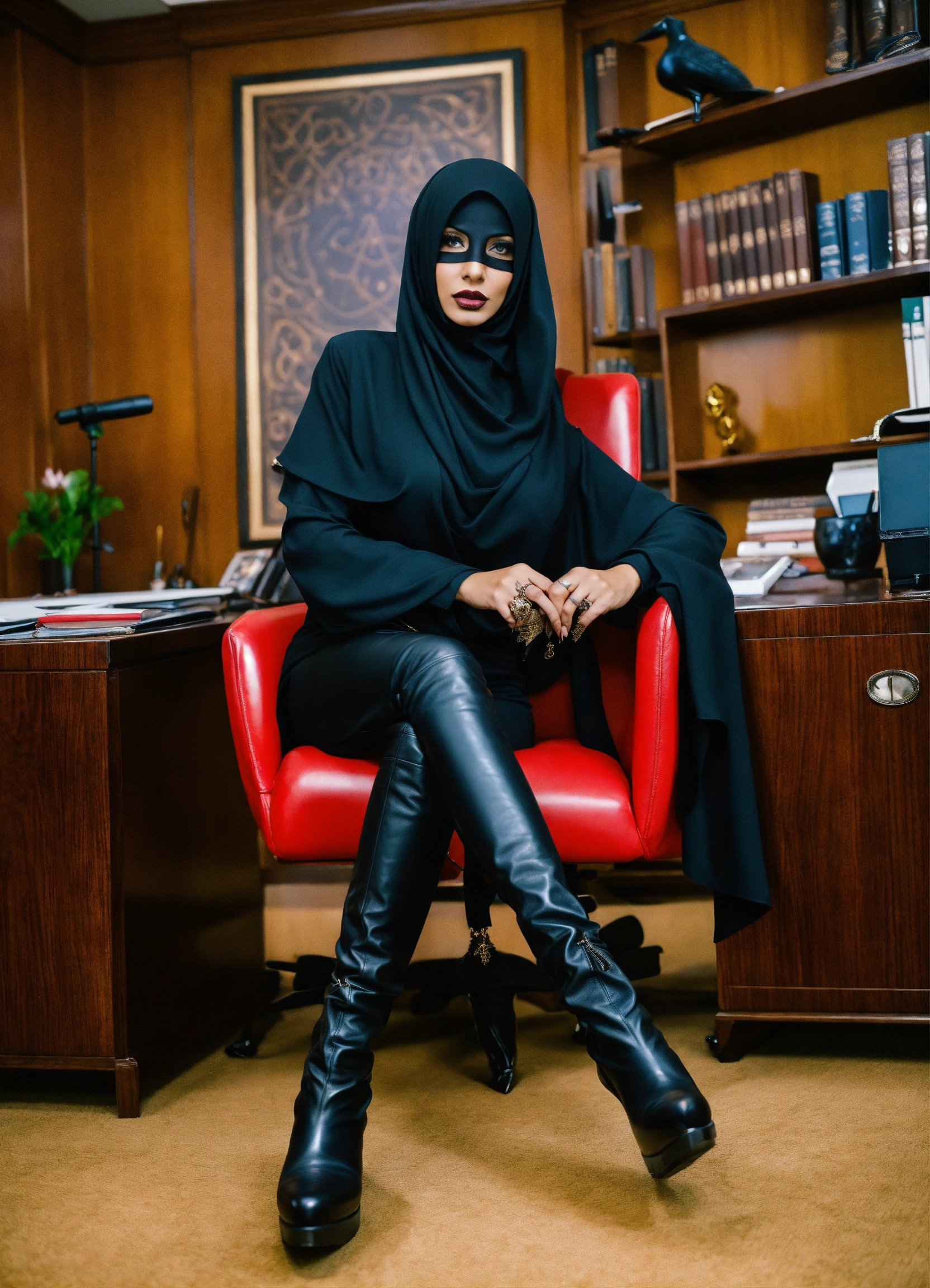 Lexica - Occult satanic sorceress in Office Suite wearing a black leather Hijab Niquab, only her ...