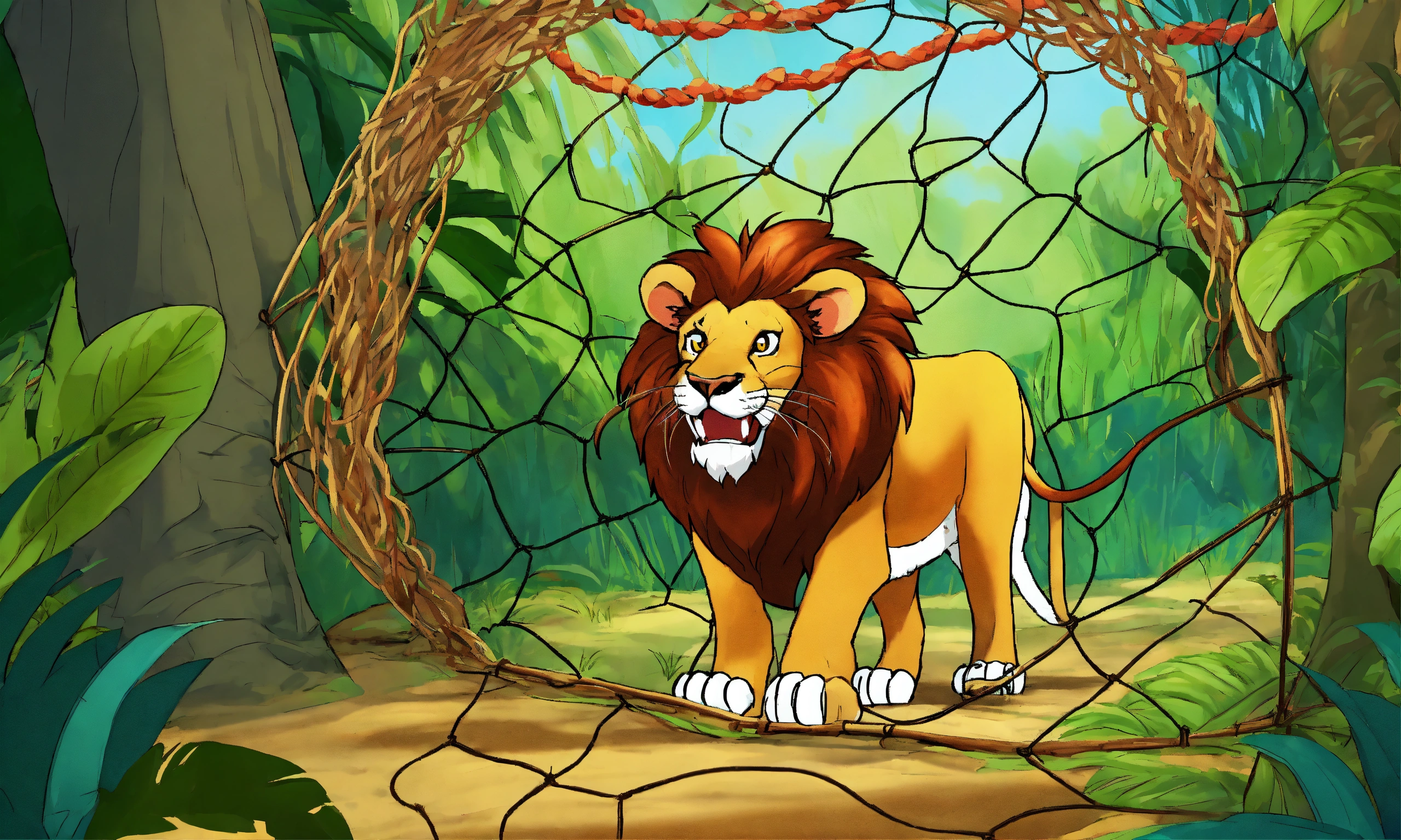 Lexica - Cartoon in jungle when lion trapped, with mouse sharp teeth ...