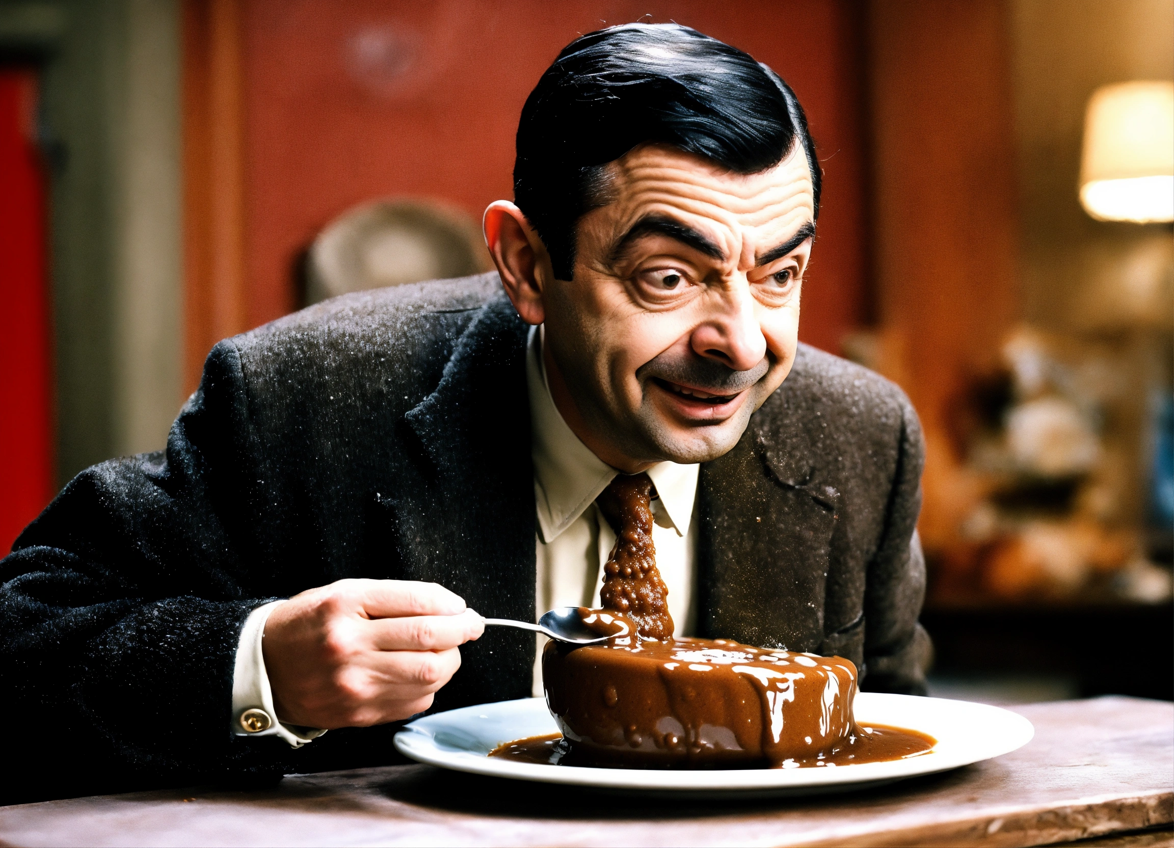 Lexica - Mr Bean eating a shoes with gravy on a plate