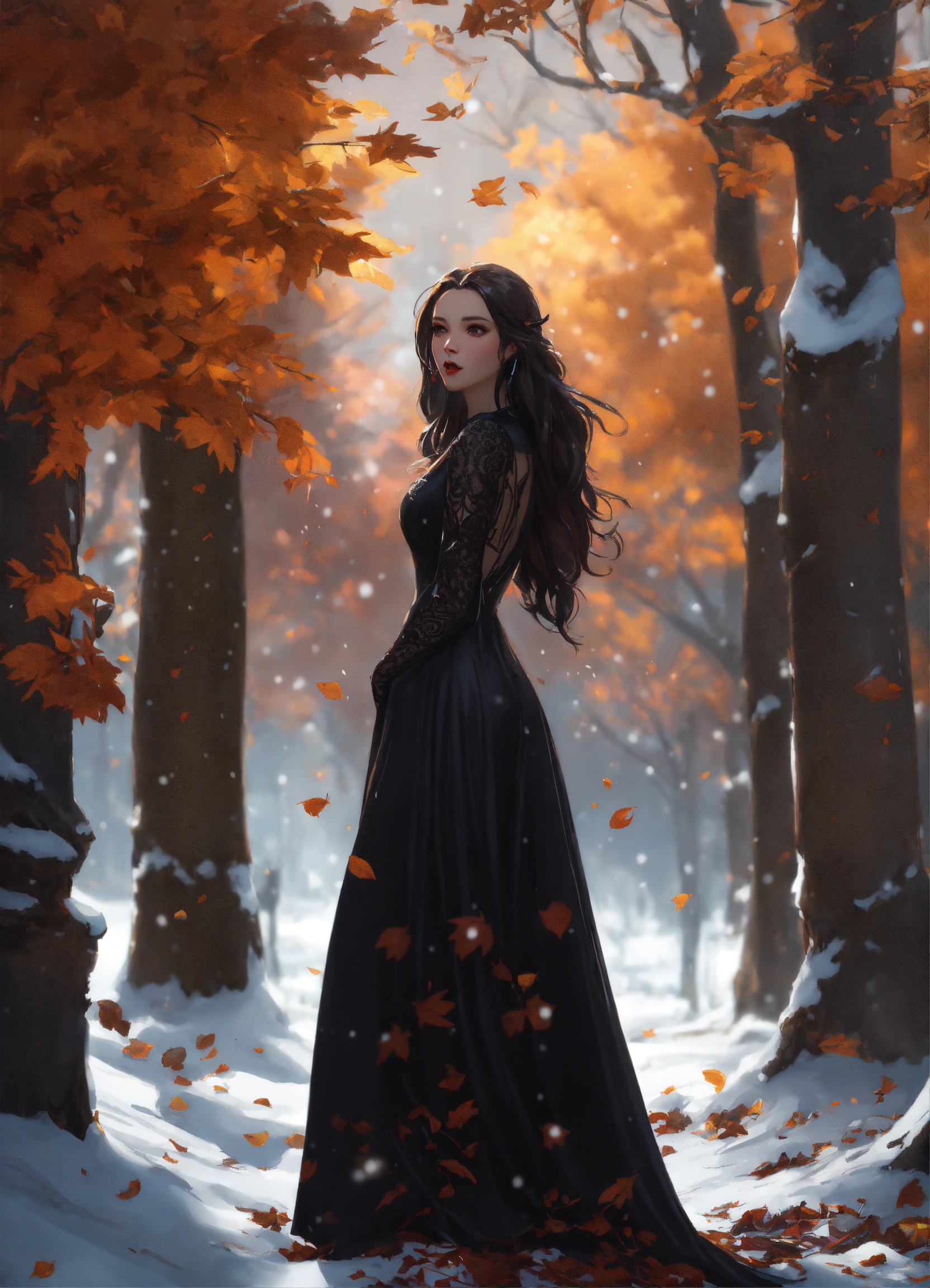 Lexica - A beautiful vampire wearing a black long dress stands covered ...