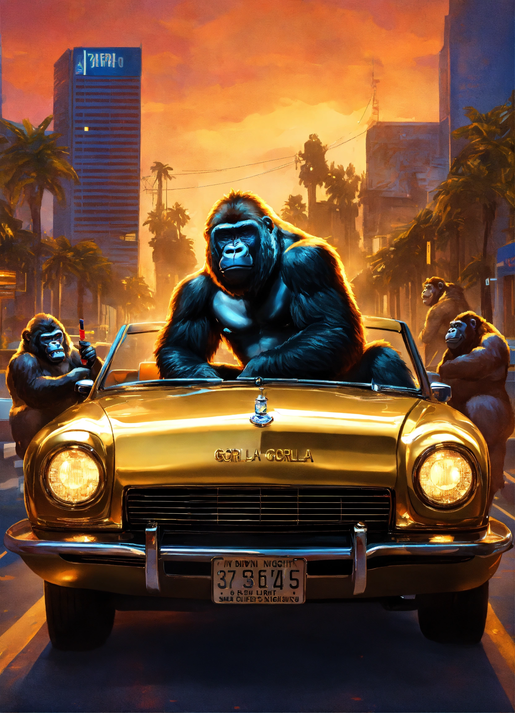 Lexica - 2 gangster gorillas smoking a cigar in a gold luxury car with ...